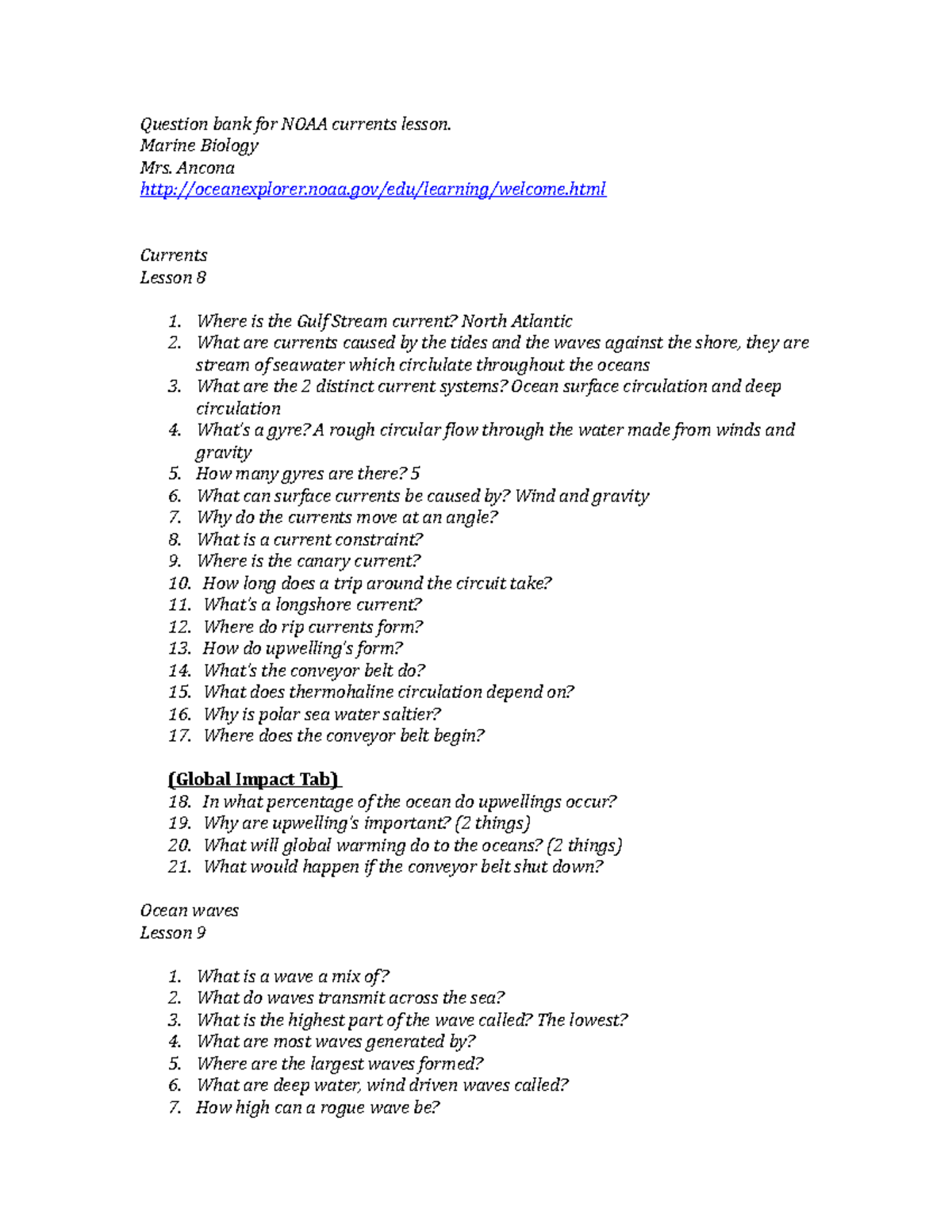 NOAA Currents and Waves Questions - Question bank for NOAA currents ...