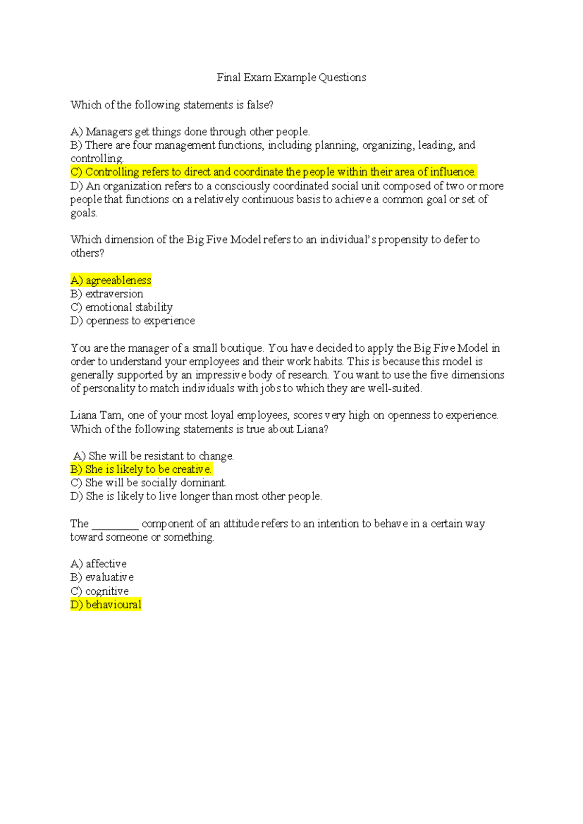 Final Example Example Questions (with answers) - Final Exam Example ...