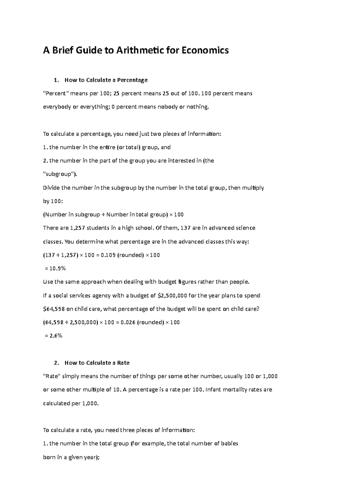 Basic Calculations in Economics - A Brief Guide to Arithmetic for ...
