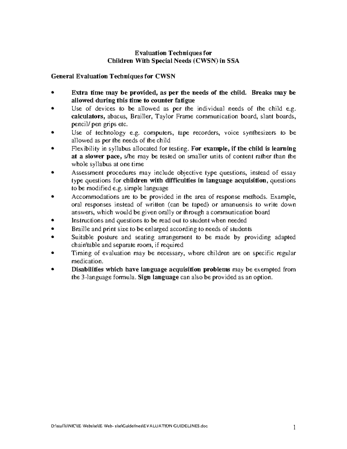 Evaluation Guidelines - Evaluation Techniques for Children With Special ...
