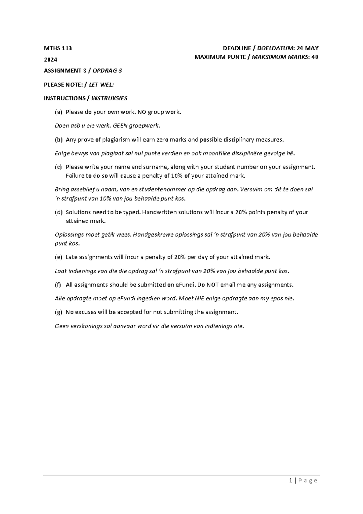 MTHS 113 Assignment 3 2024 - DEADLINE / DOELDATUM: 2 4 MAY MAXIMUM ...
