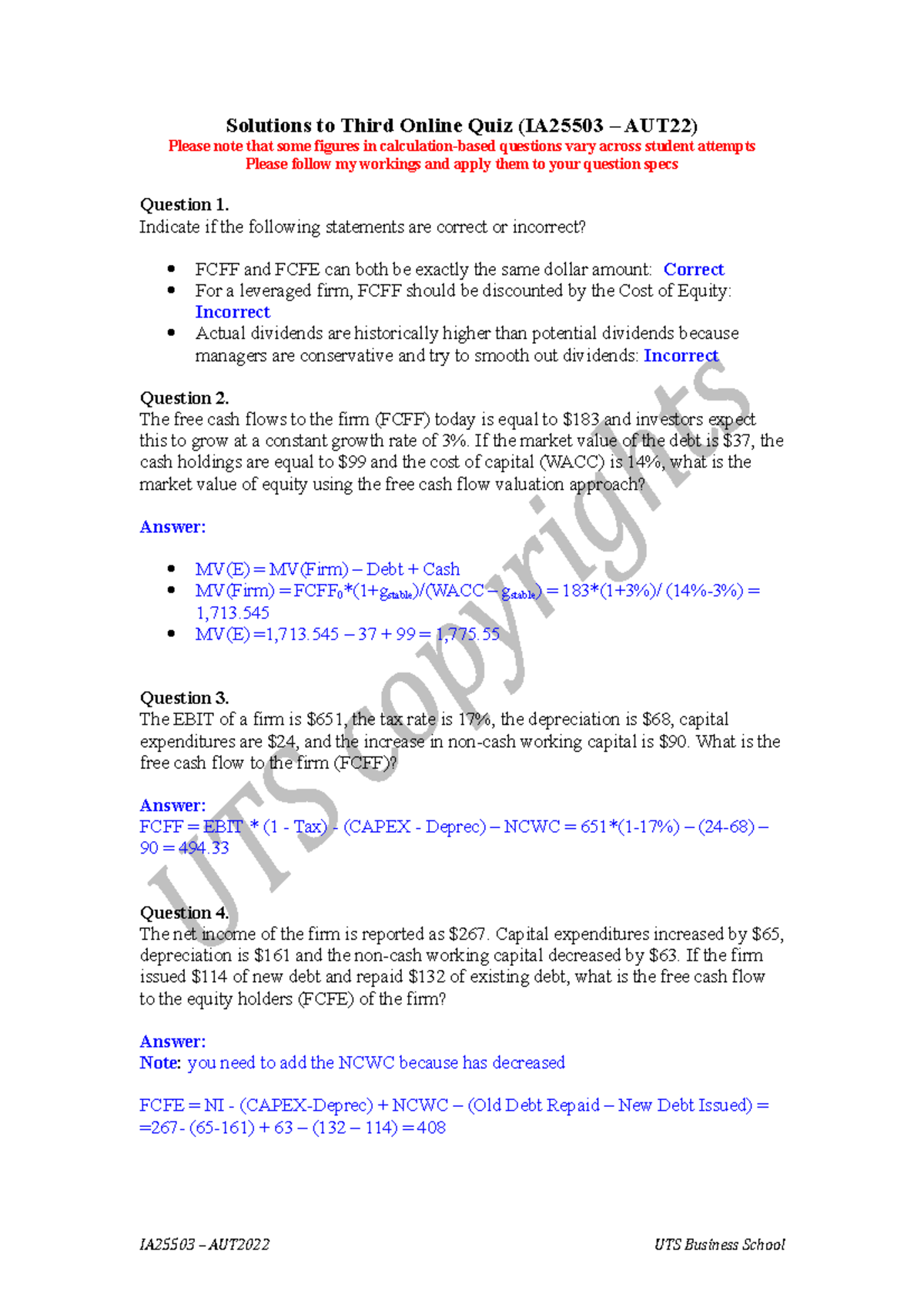 Quiz 3 Solutions - Solutions to Third Online Quiz (IA25503 – AUT22 ...