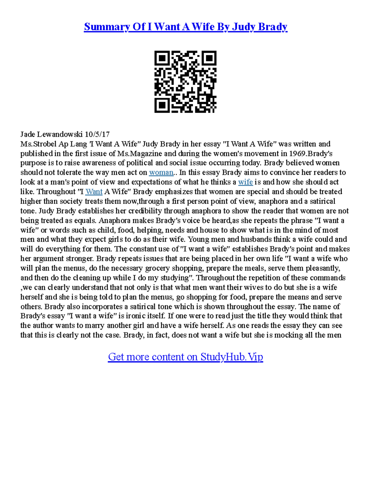 Essay I Want A Wife - Summary Of I Want A Wife By Judy Brady Jade ...