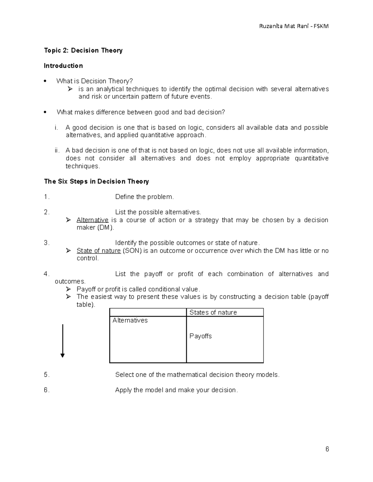 T2 Decision Theory 2 - CHAPTER 2 NOTES - Topic 2: Decision Theory ...