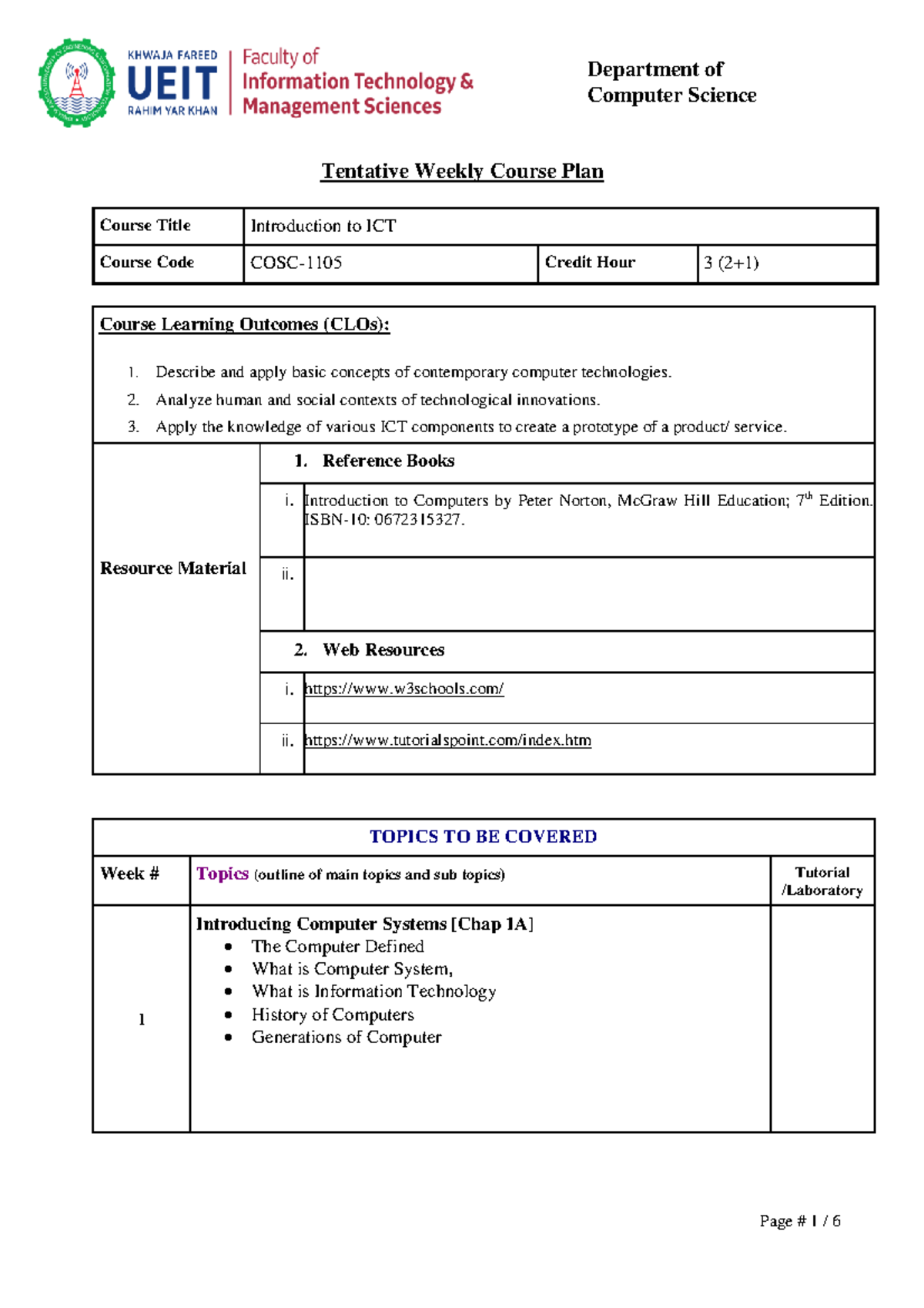 COSC-1105-Introduction to ICT-Final - Computer Science Tentative Weekly Course Plan Course Title ...