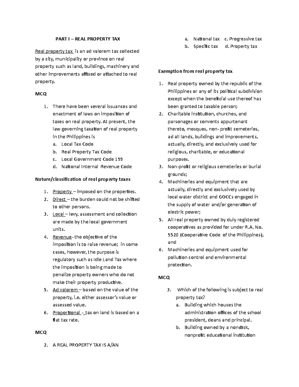 TAX - PART I – REAL PROPERTY TAX Real property tax is an ad valorem tax ...