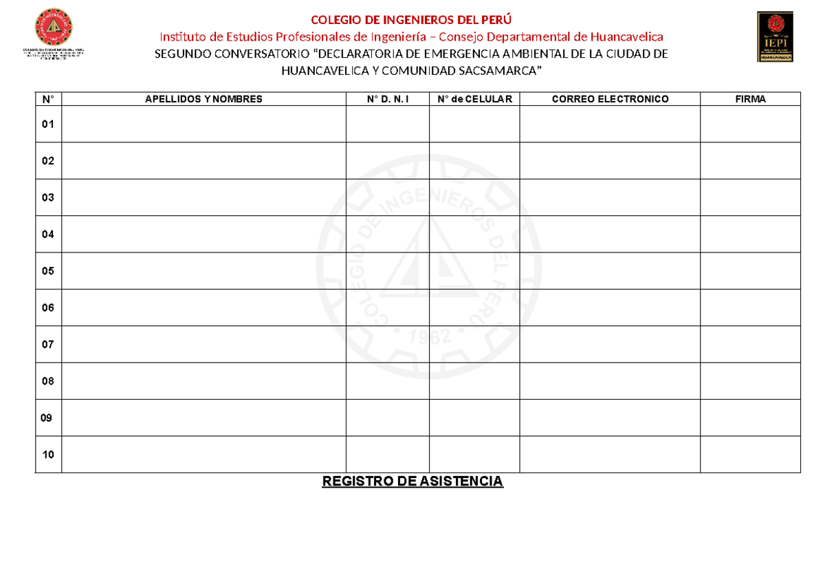 N - ASDASDASDASD - N° APELLIDOS Y NOMBRES N° D. N. I N° de CELULAR CORREO ELECTRONICO FIRMA 01 ...