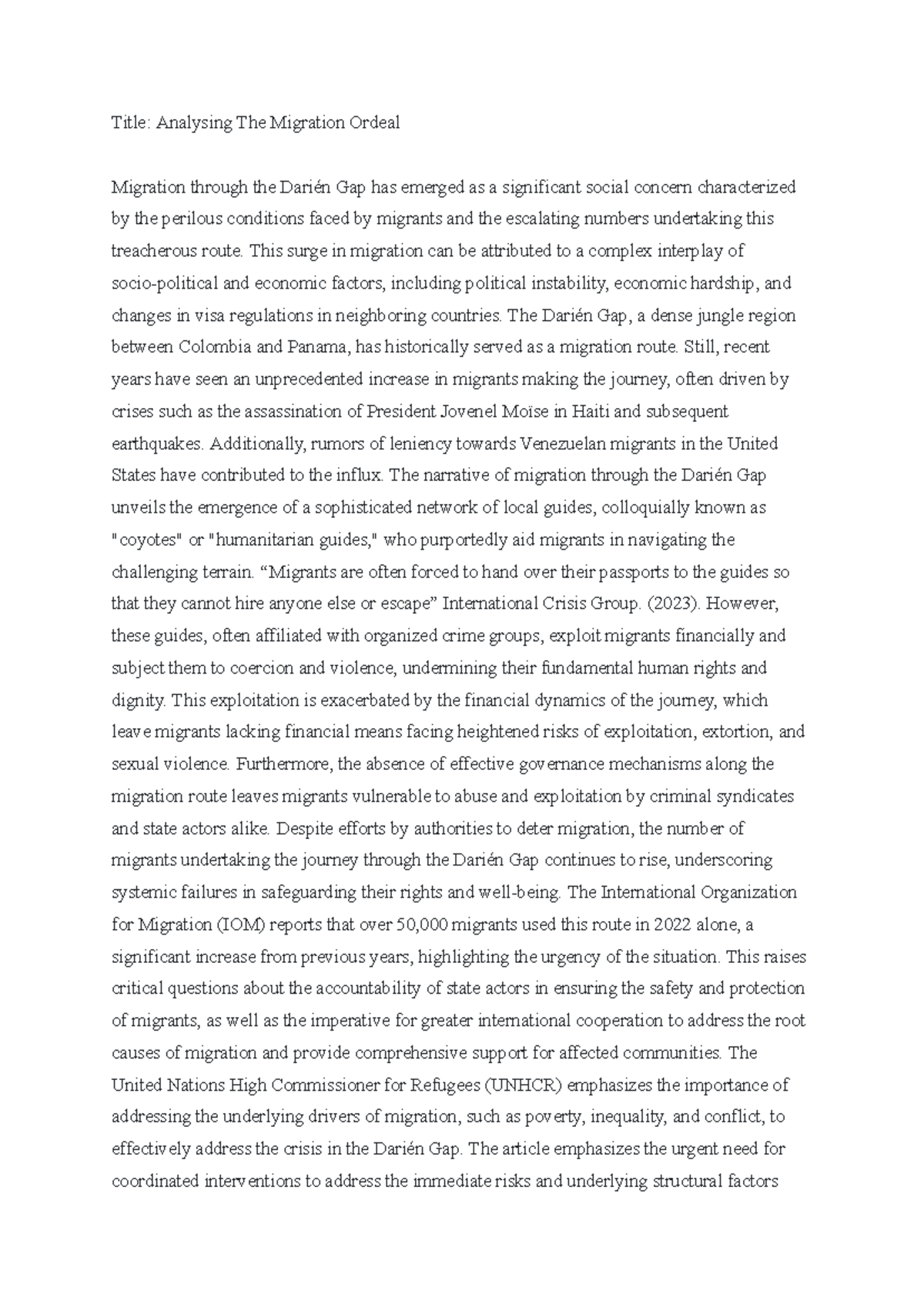 ENGL 1102 Unit 4 Assignment - Title: Analysing The Migration Ordeal ...