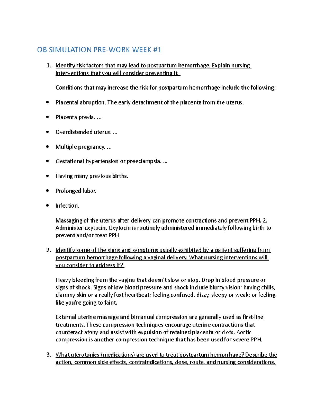 OB Simulation PRE WORK 1 - OB SIMULATION PRE-WORK WEEK Identify risk factors that may lead to ...