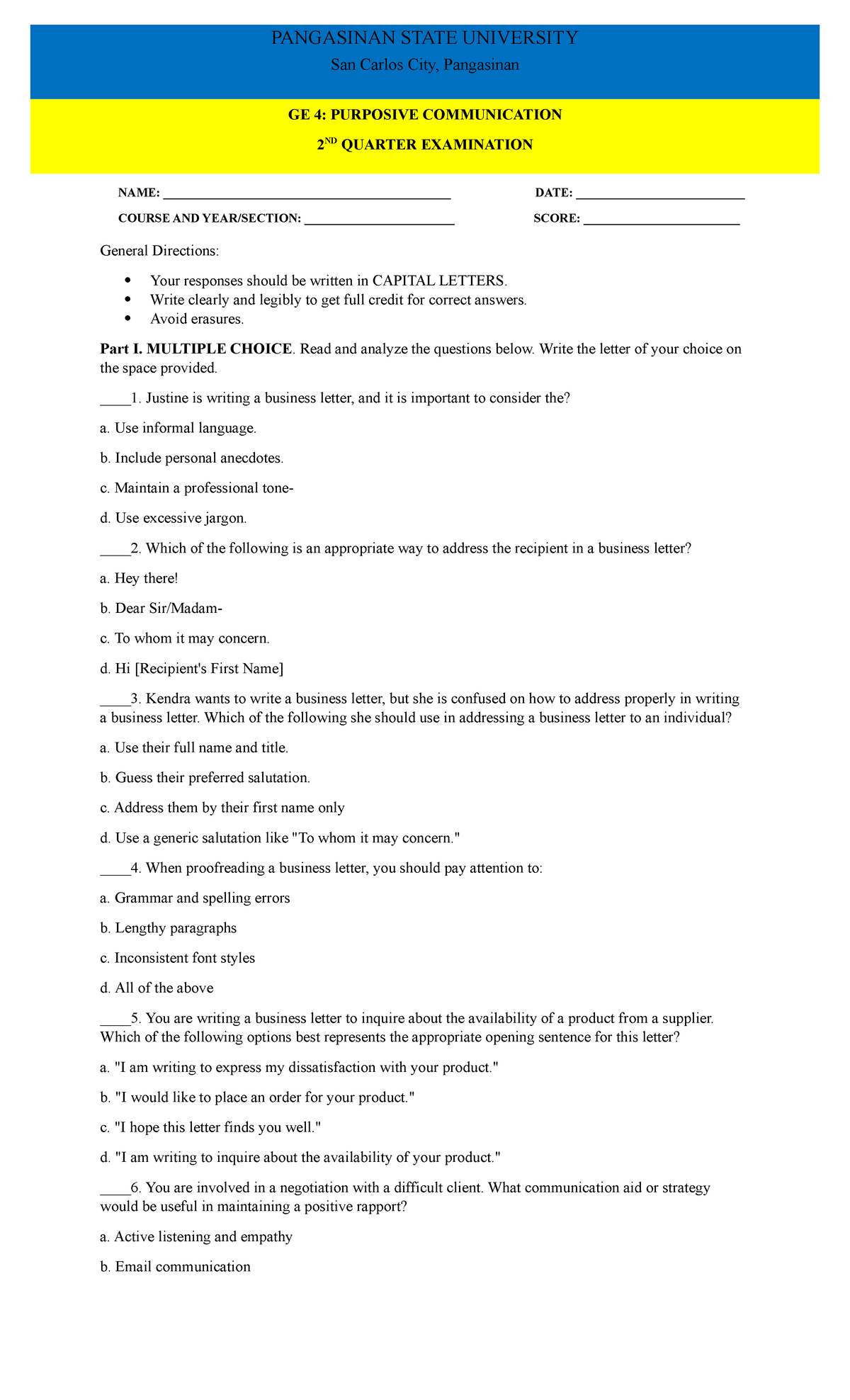 Purcom- Activity-EXAM - General Directions: Your responses should be written in CAPITAL LETTERS ...