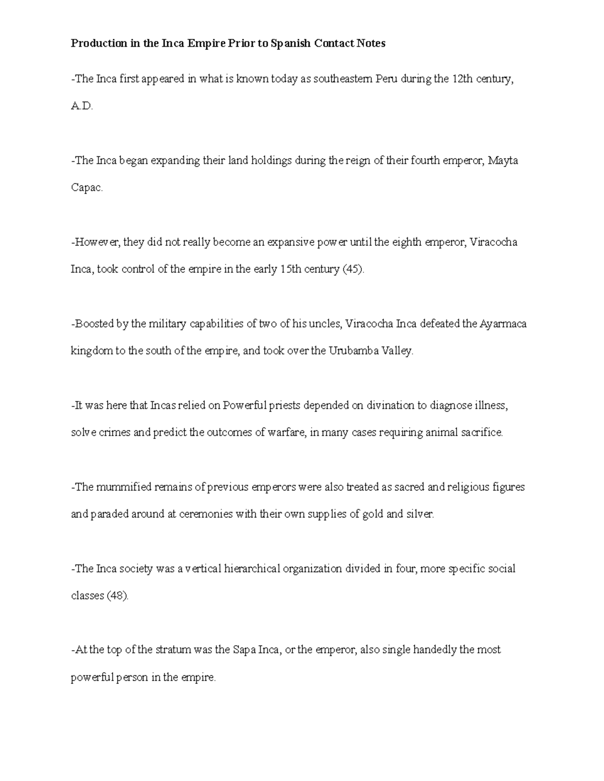 Production in the Inca Empire Prior to Spanish Contact Notes -The Inca ...