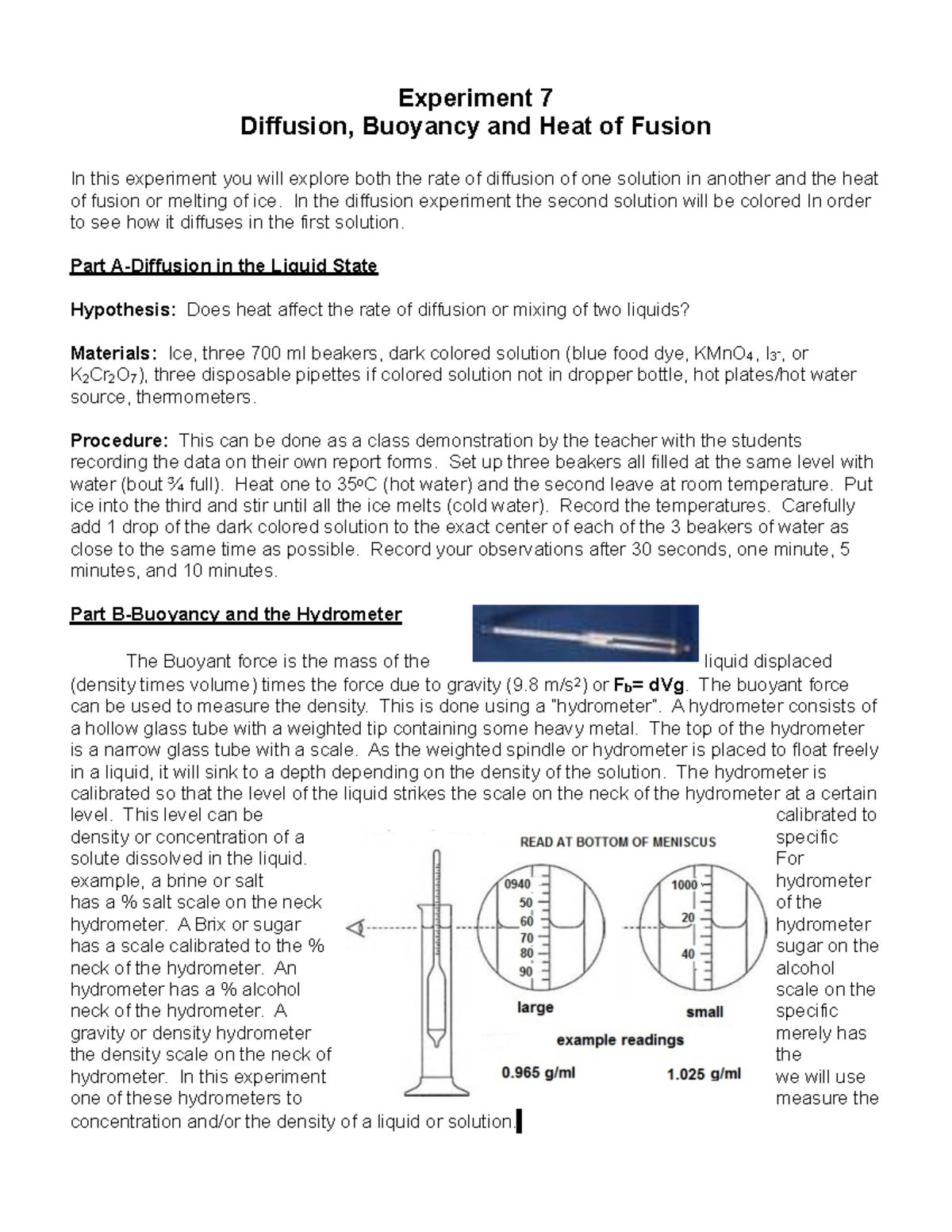 LAB 7 Completed - N/A - Experiment 7 Diffusion, Buoyancy and Heat of ...