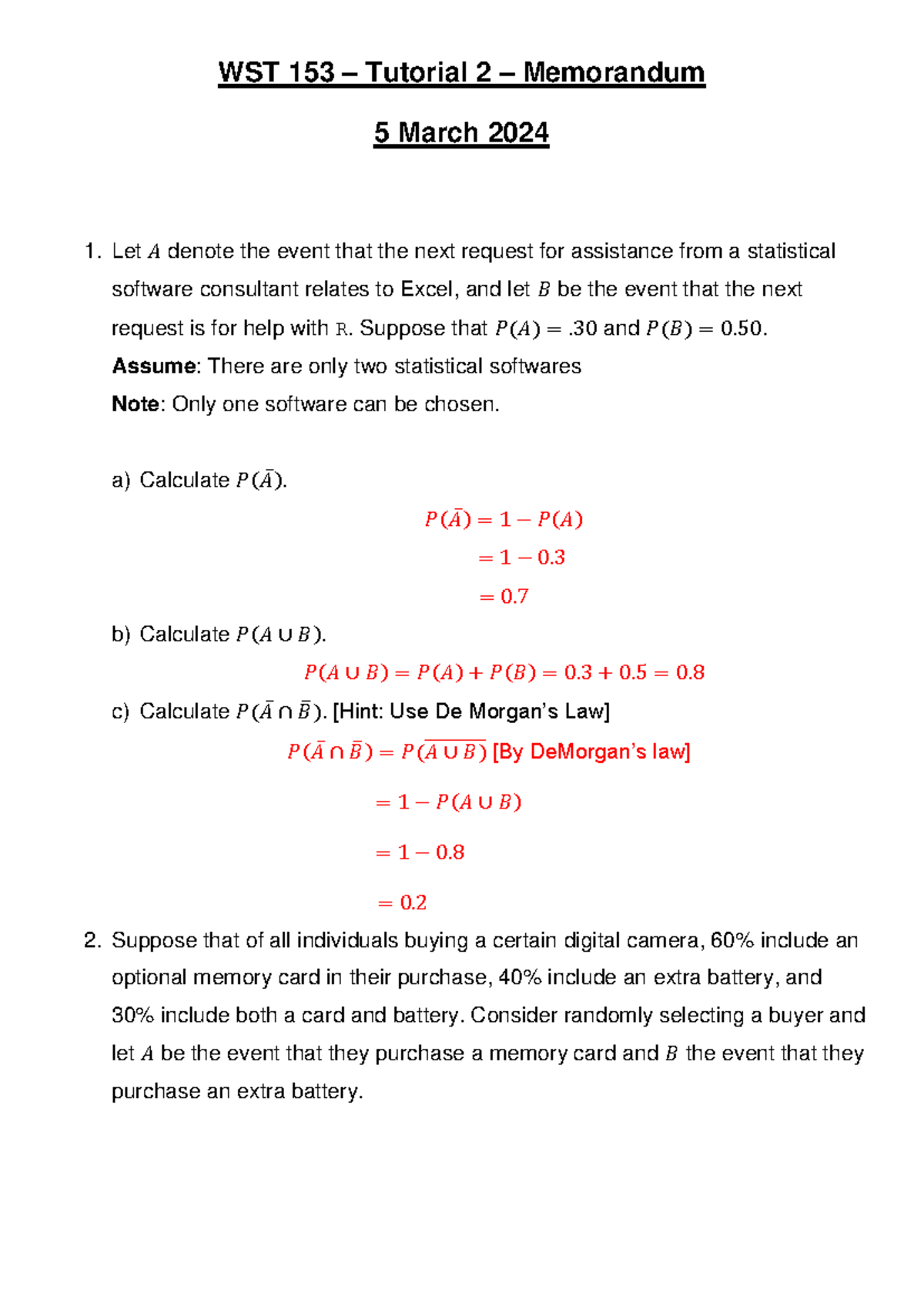 WST 153 - Tutorial 2 - 2024 - Memorandum - WST 153 – Tutorial 2 – Memorandum 5 March 2024 Let 𝐴 ...