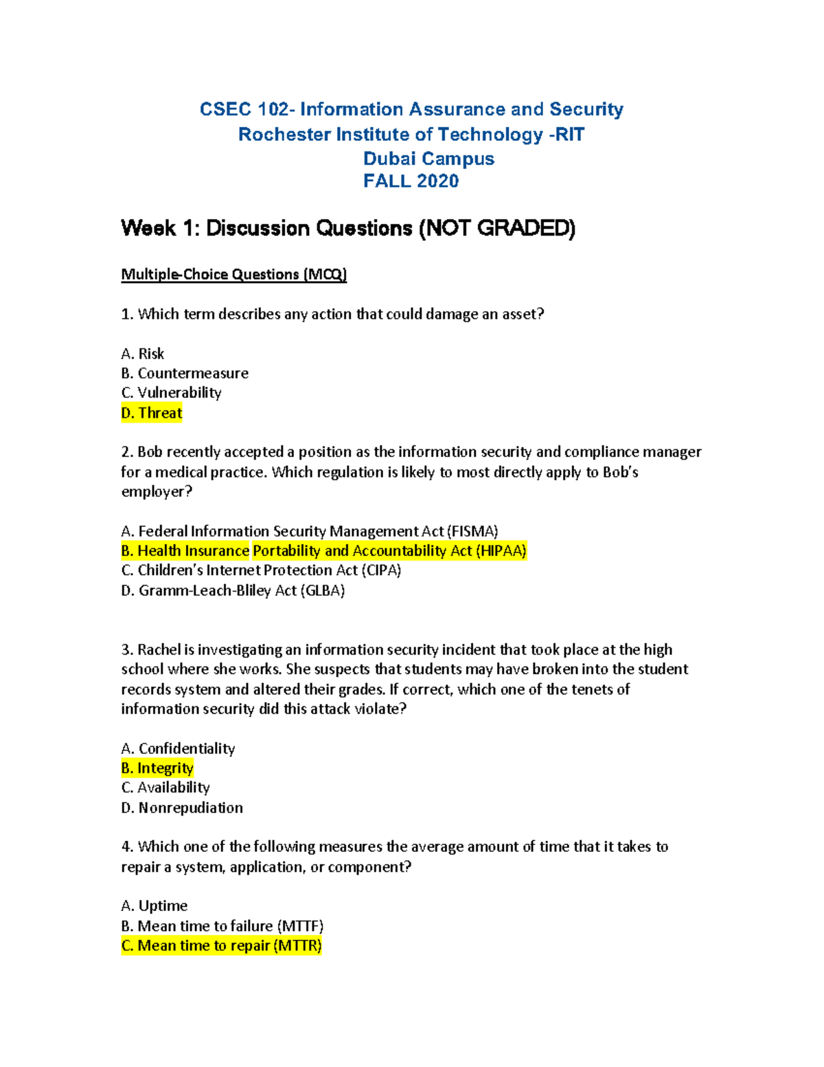 Week1 MCQ TF answers - CSEC 102- Information Assurance and Security ...