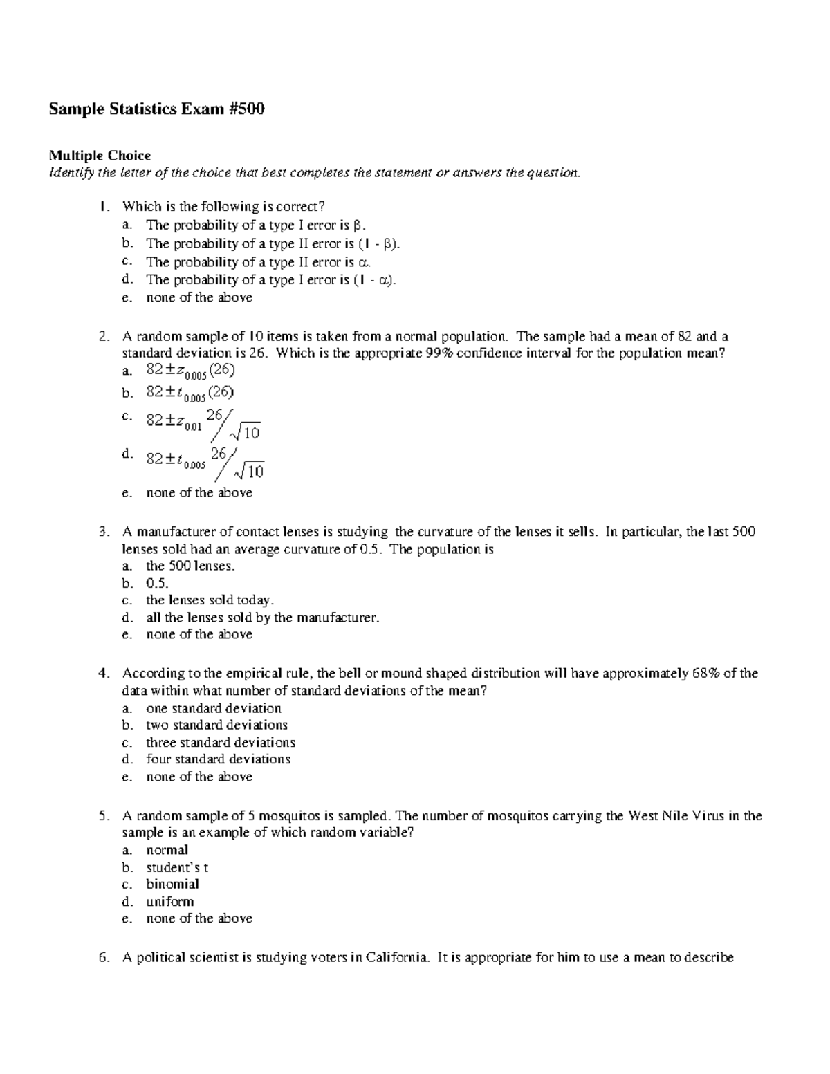 Sample Statistics Exam #500 - Sample Statistics Exam Multiple Choice ...