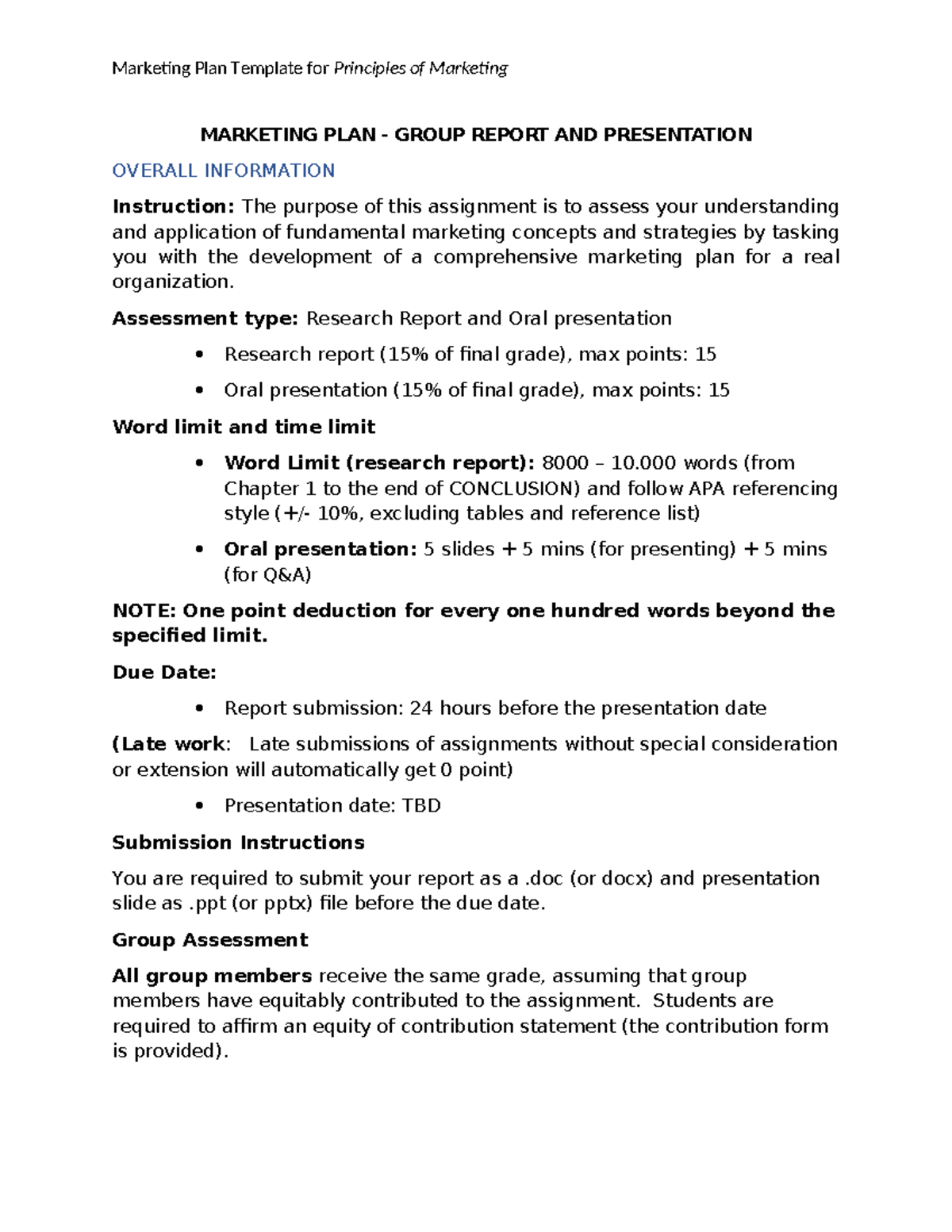 Marketing Plan and presentation assignment brief - MARKETING PLAN ...