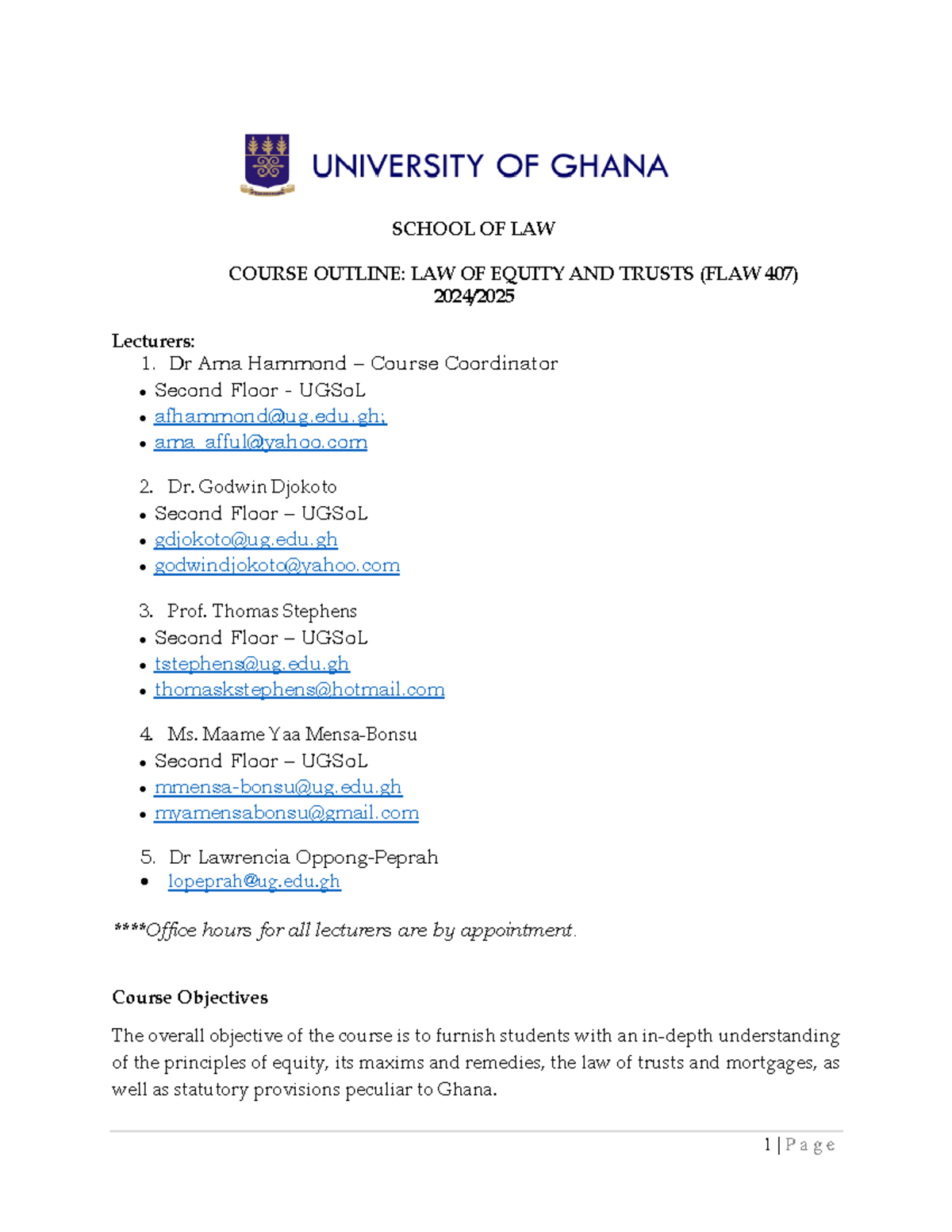 2024 Equity Course Outline - SCHOOL OF LAW COURSE OUTLINE: LAW OF ...