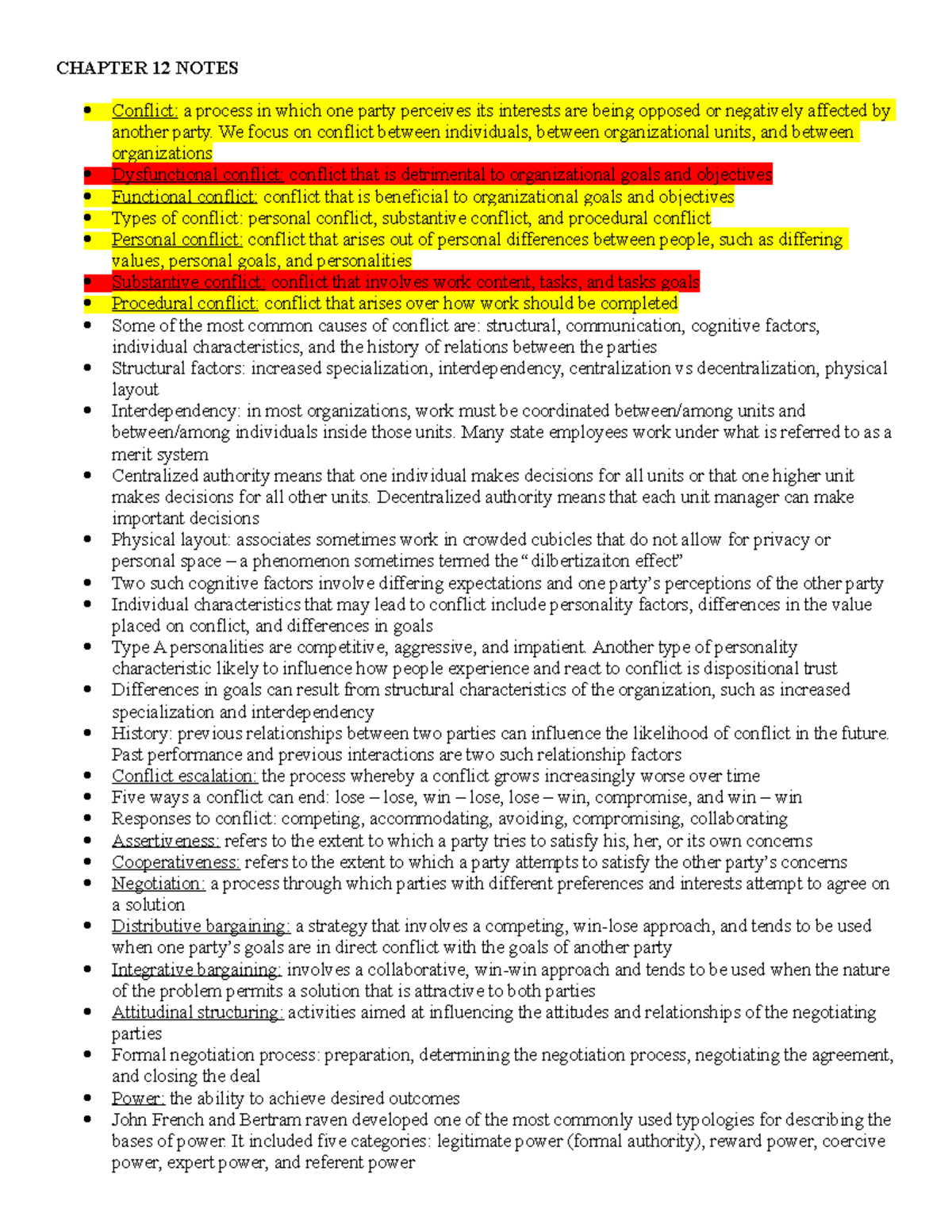 Chapter 12 Notes - CHAPTER 12 NOTES Conflict: a process in which one ...