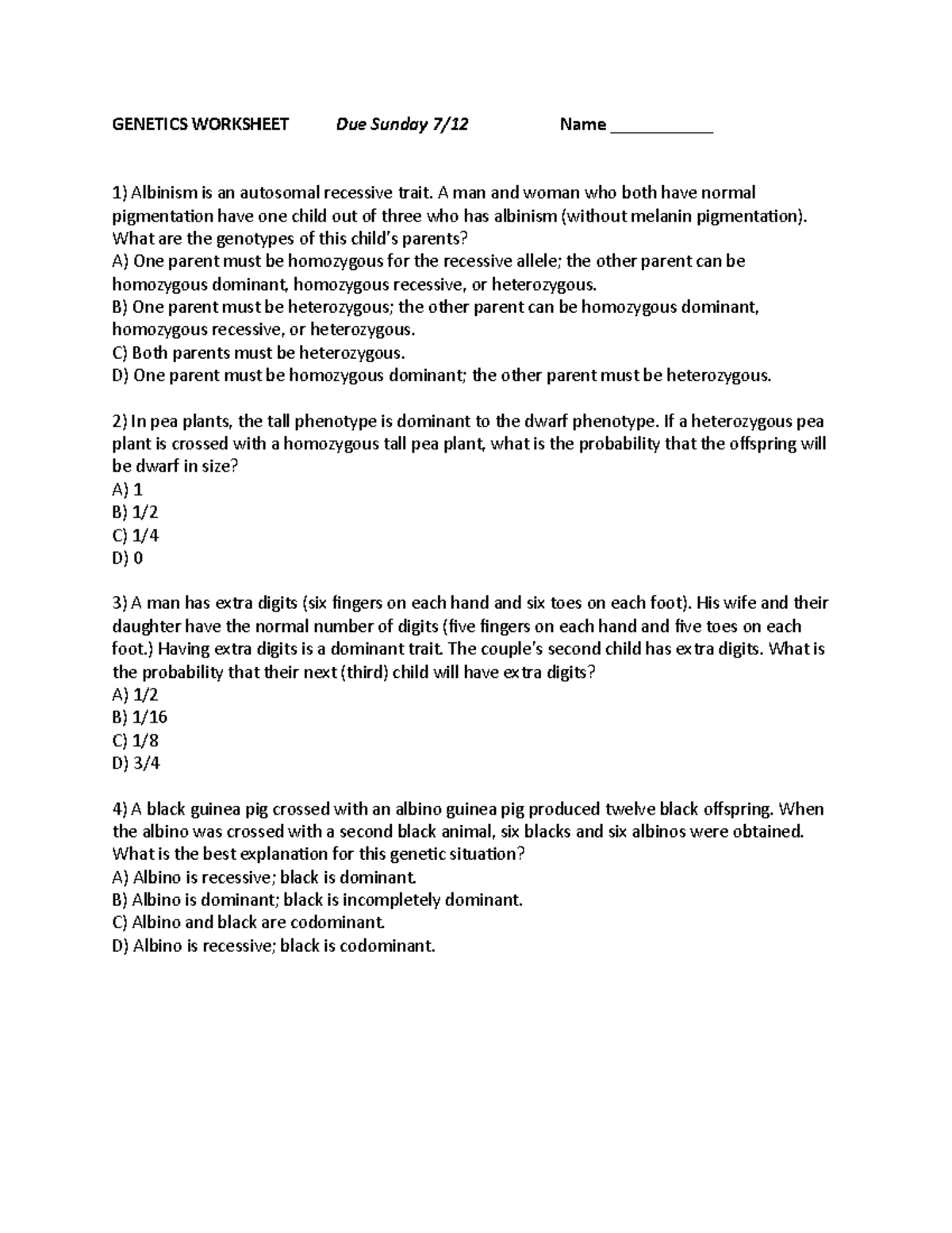 2020 Ch 14-15 Genetics Worksheet - GENETICS WORKSHEET Due Sunday 7/12 ...