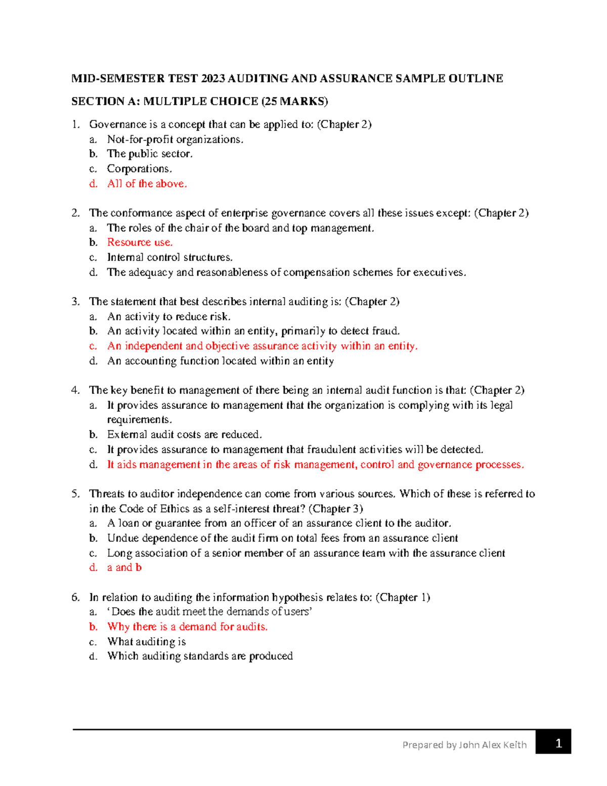 Auditing EXAM Outline - MID-SEMESTER TEST 2023 AUDITING AND ASSURANCE ...