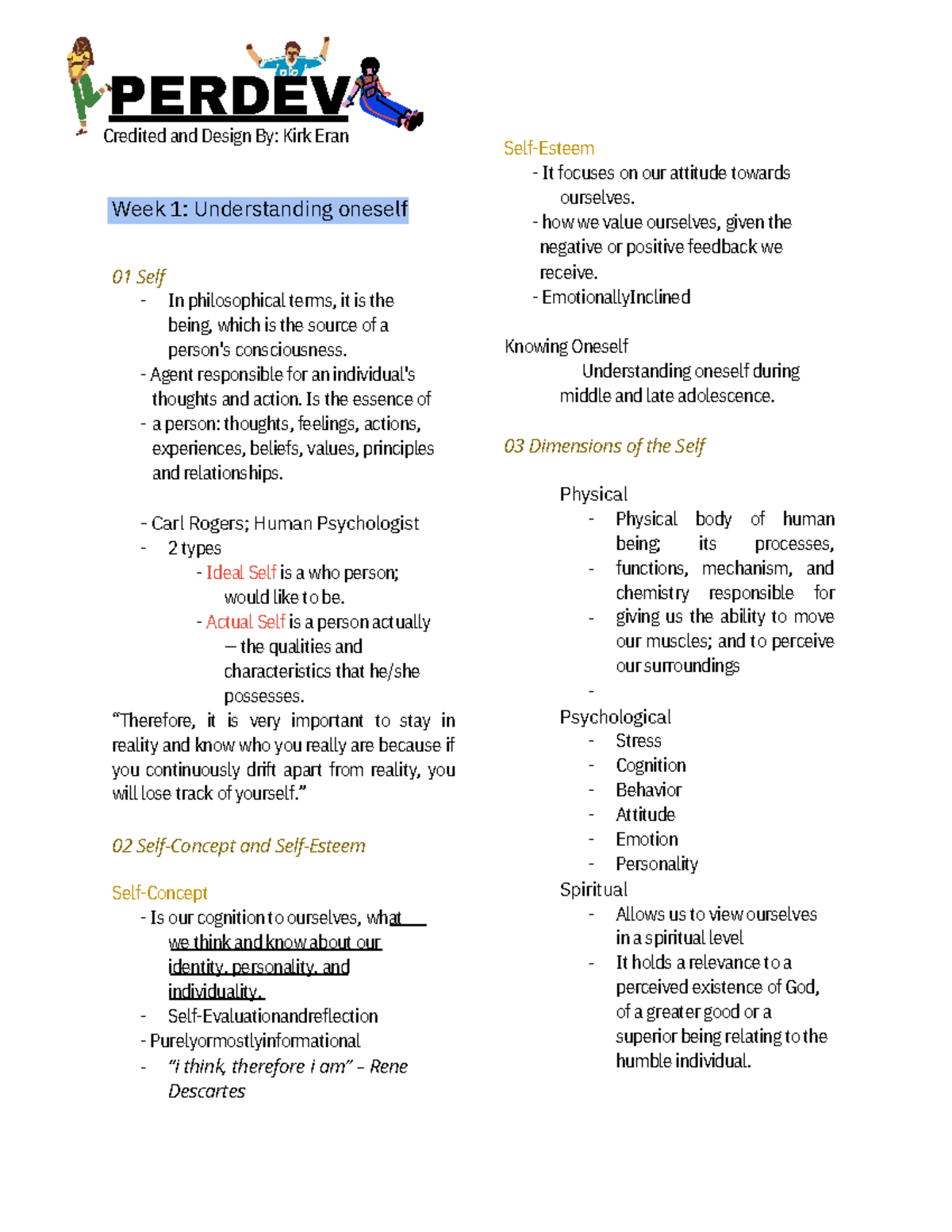 Perdev Reviewer - Week 1: Understanding oneself 01 Self - 02 Self-Concept and Self-Esteem “i ...