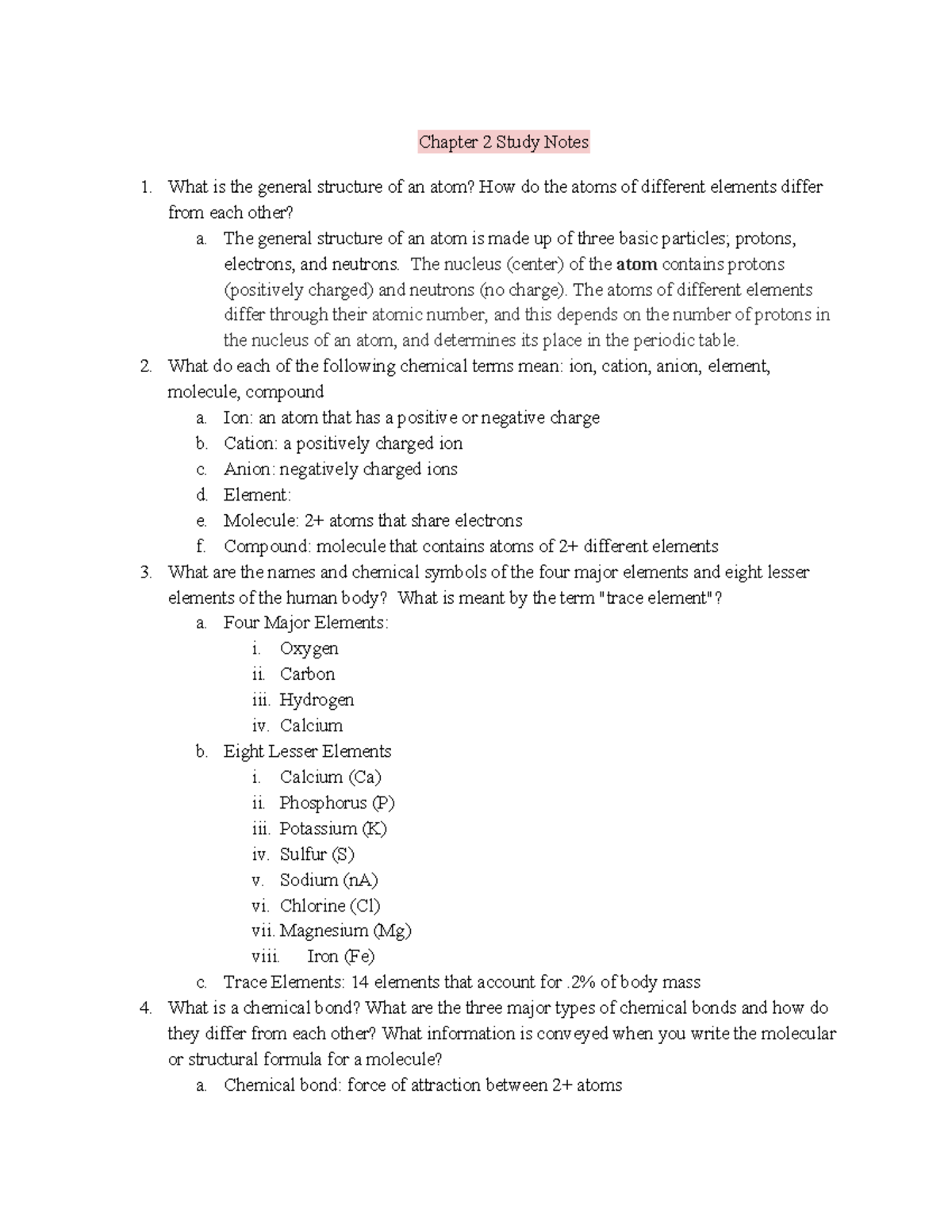 Exam 1 CH 2 Study Guide - Lecture notes 2 - Chapter 2 Study Notes What ...