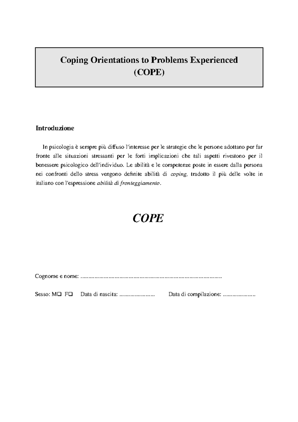 COPE quest+scoring - COPE - Questionario + Scoring - Coping ...