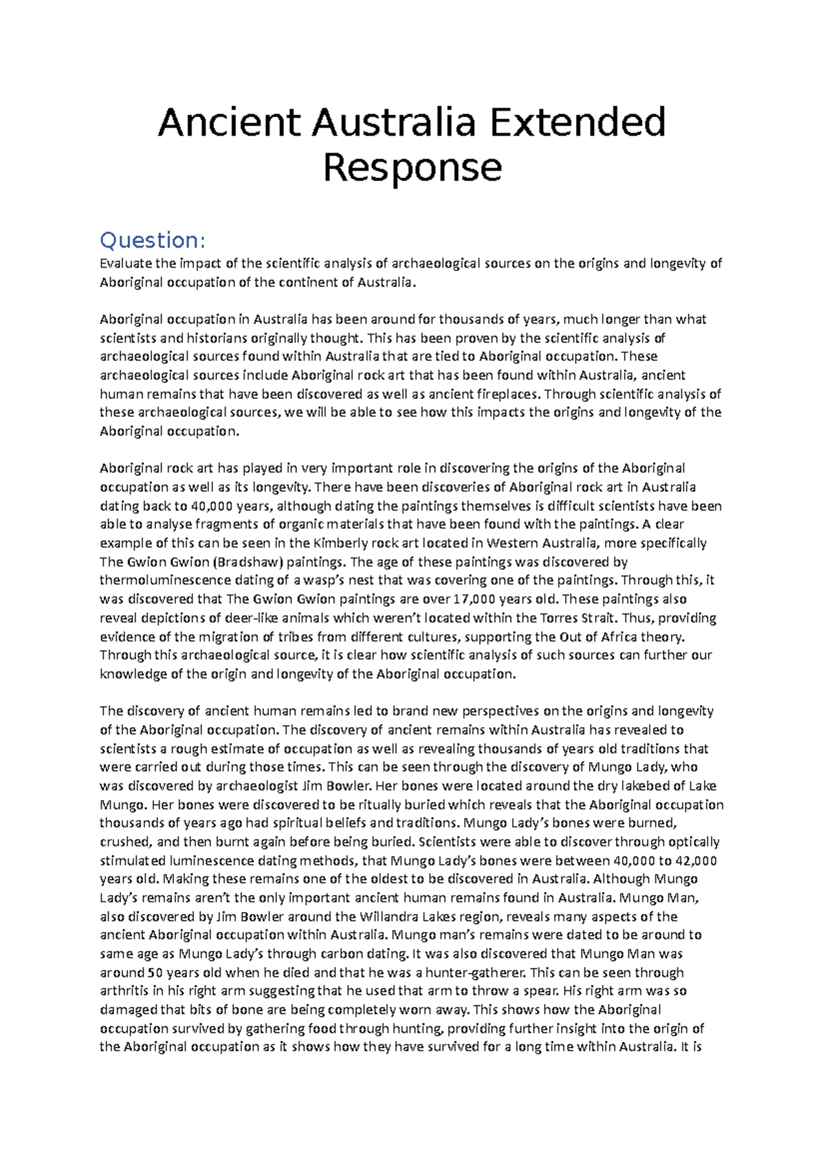 Ancient Australia Extended Response - Ancient Australia Extended ...