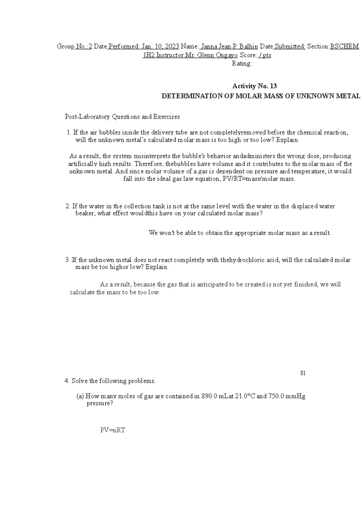 ACT13 Balhin - DETERMINATION OF MOLAR MASS OF UNKNOWN METAL - Group No ...
