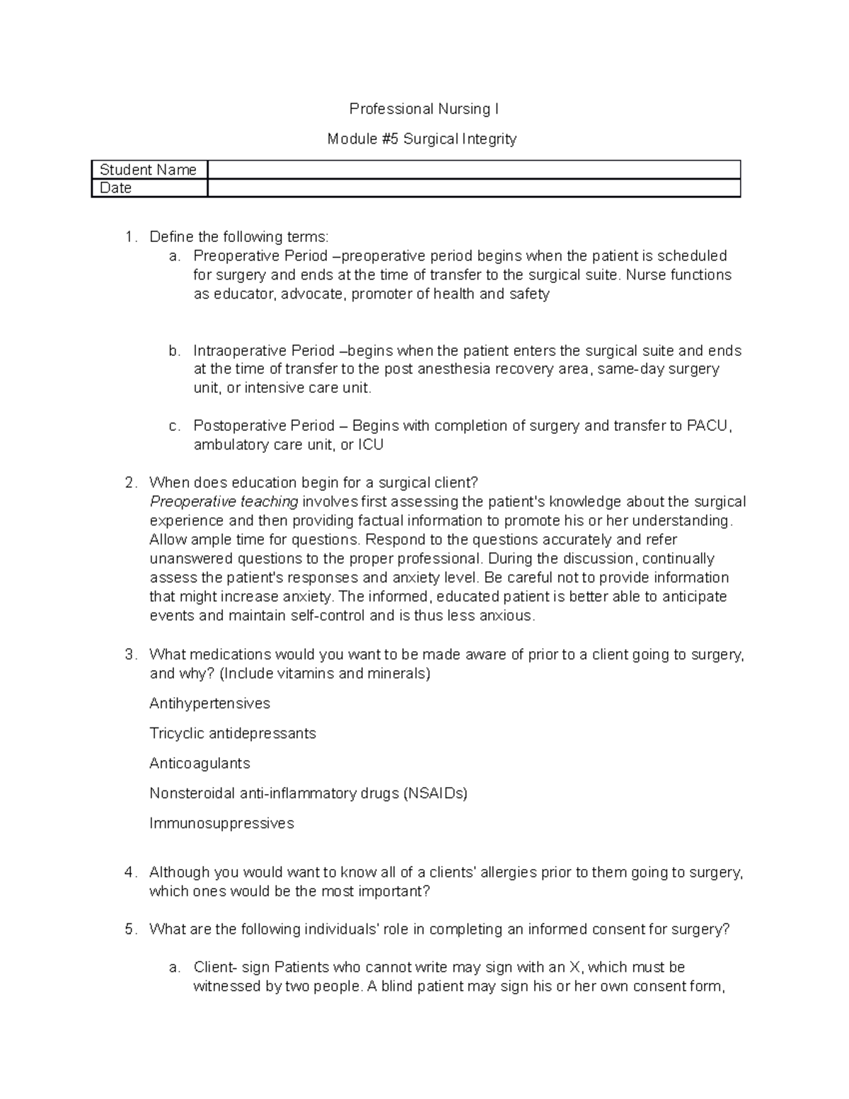 Module 5 Surgery Worksheet - Professional Nursing I Module #5 Surgical ...