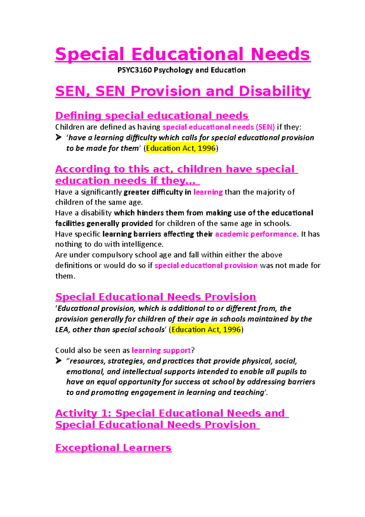 Special Educational Needs - Special Educational Needs PSYC3160 ...