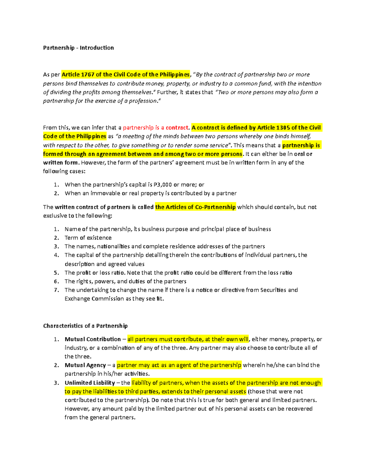 Partnership - Chapter 1 - Partnership - Introduction As per Article ...