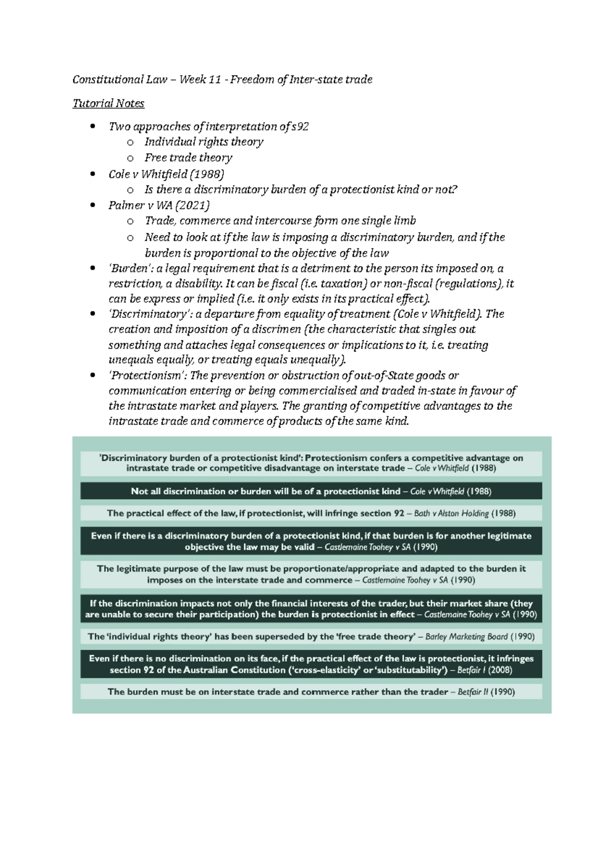 Const Law - Week 11 Tutorial Notes - Freedom of Interstate Trade ...