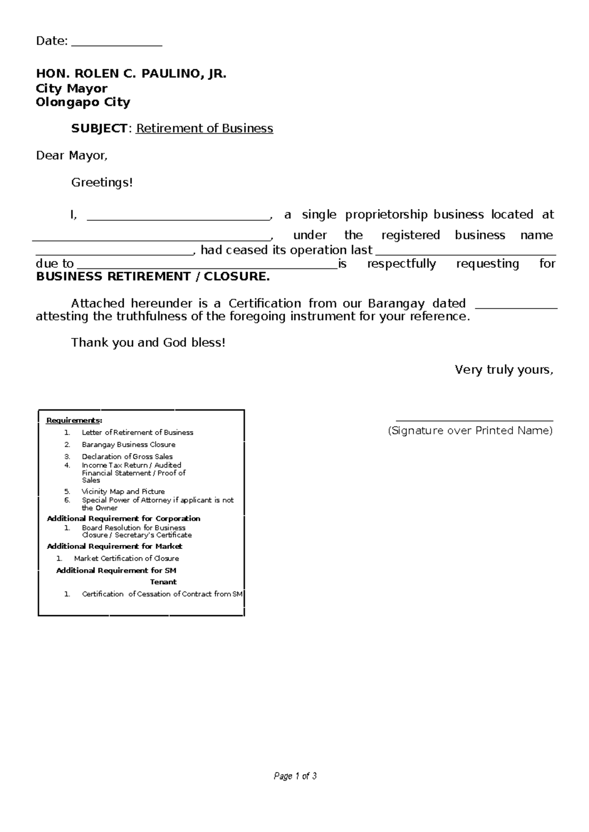 Business Retirement Letter Template - English - Page 1 of 3 Date: HON ...