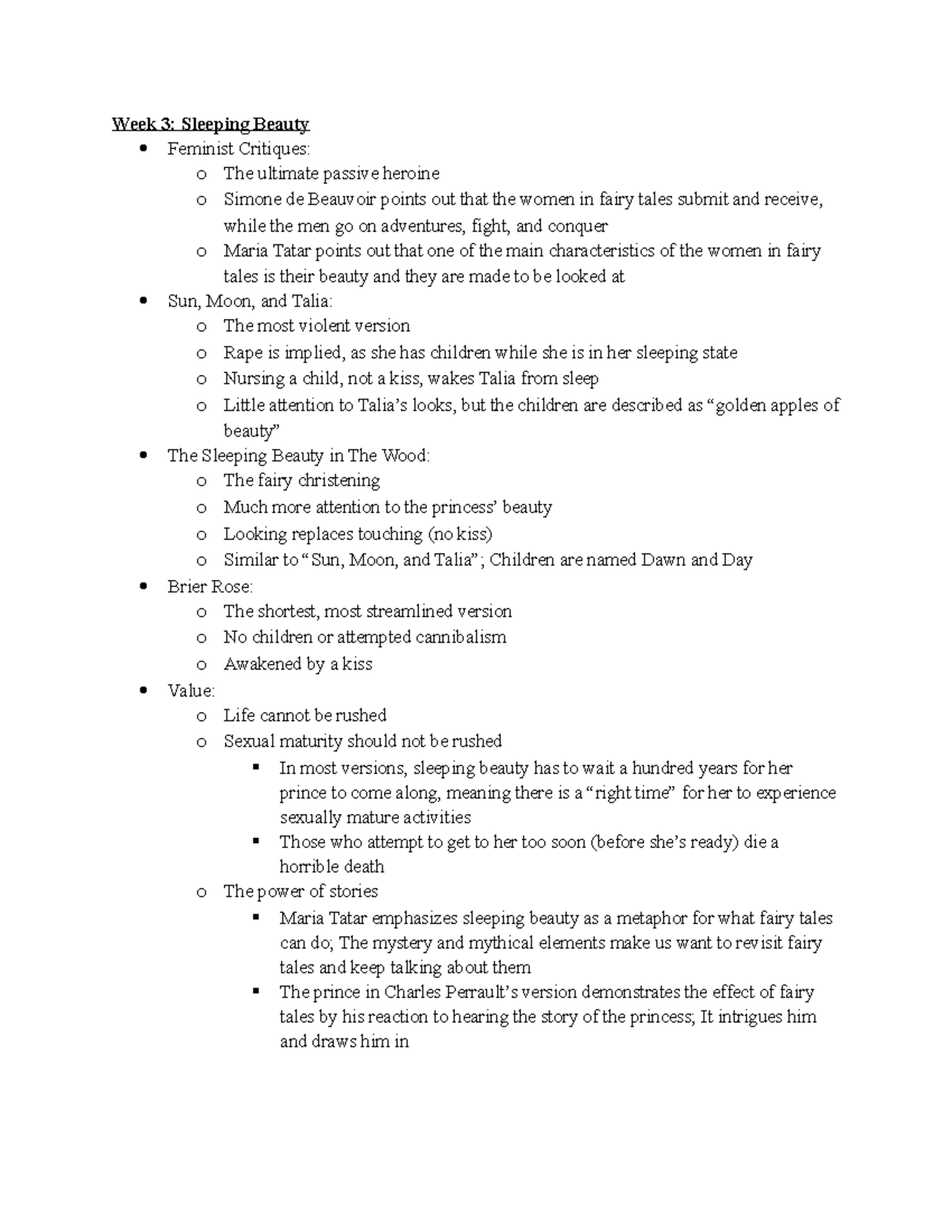 Sleeping Beauty - Notes - Week 3: Sleeping Beauty Feminist Critiques: o ...