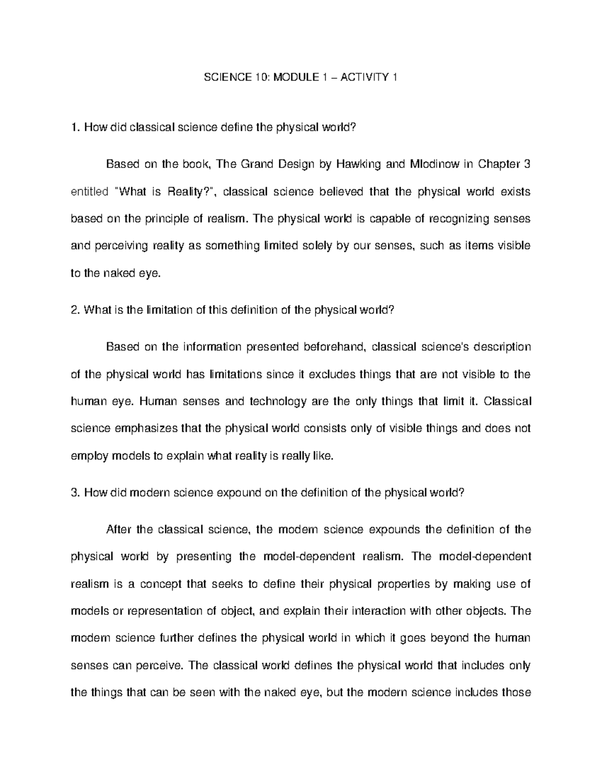 Science 10 - SCIENCE 10: MODULE 1 – ACTIVITY 1 How did classical ...