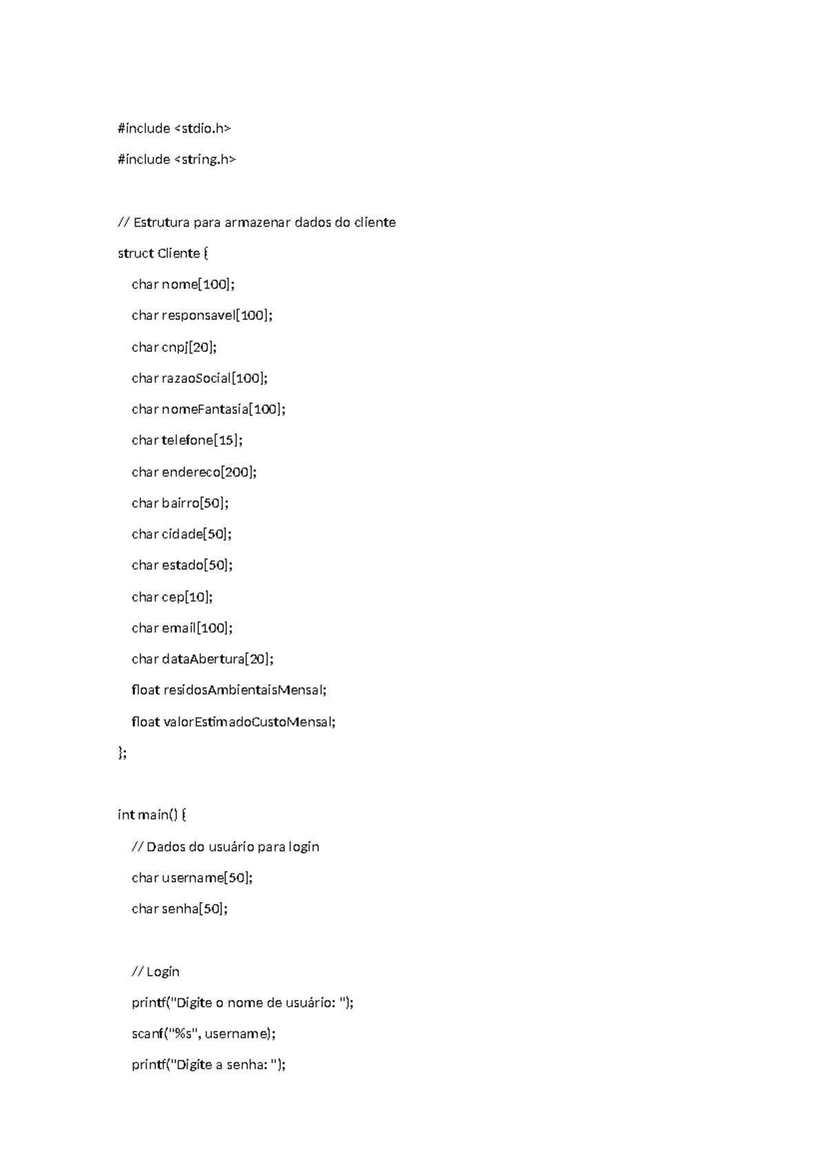 Código - #include #include // Estrutura para armazenar dados do cliente - Studocu