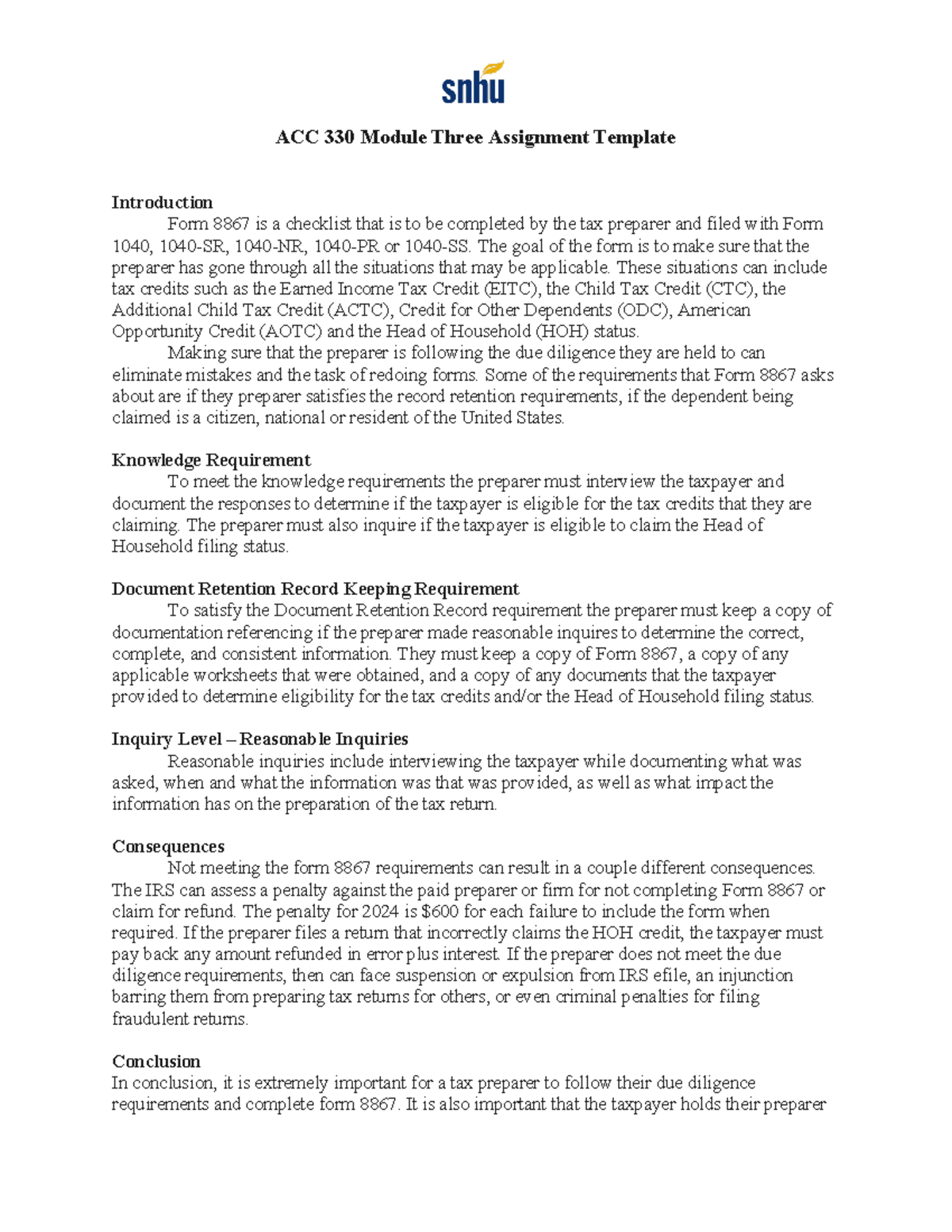 ACC 330 Module Three Assignment - Due Dilligence - ACC 330 Module Three Assignment Template ...