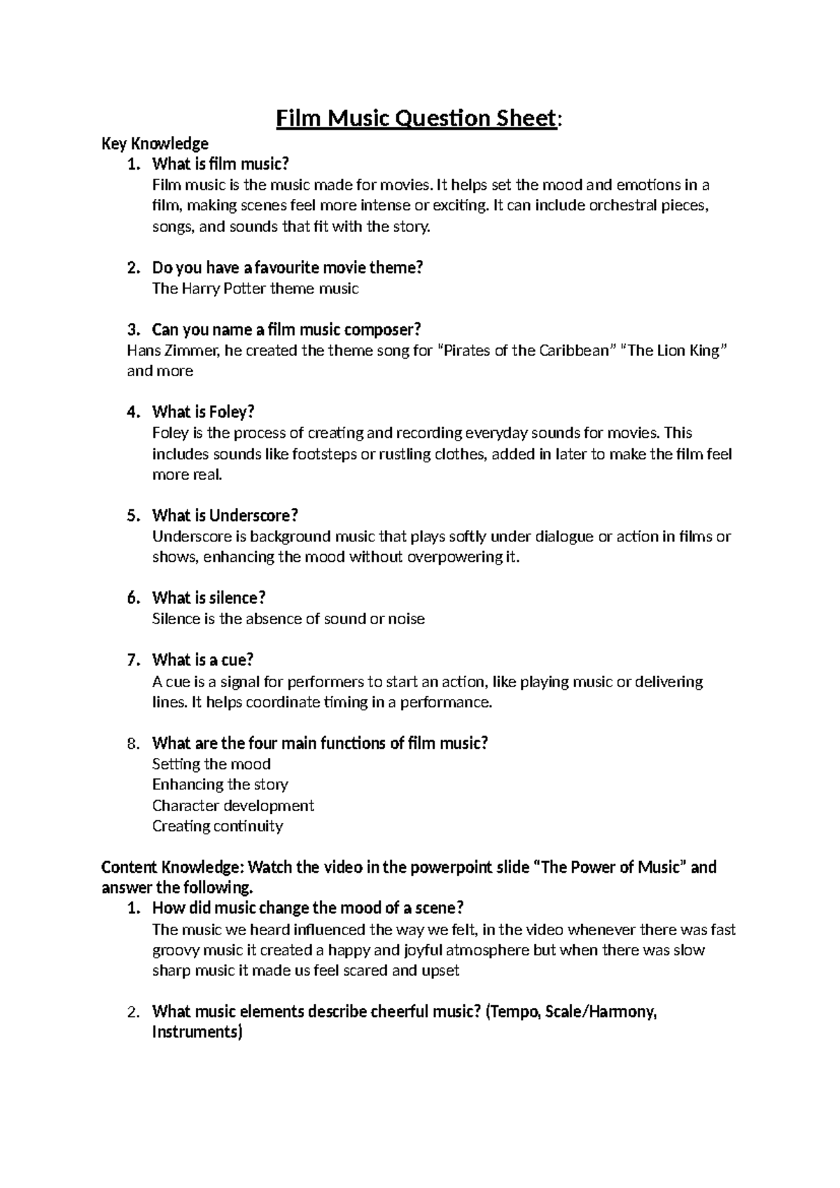 2. Film Music Worksheet - Film Music Question Sheet: Key Knowledge 1 ...