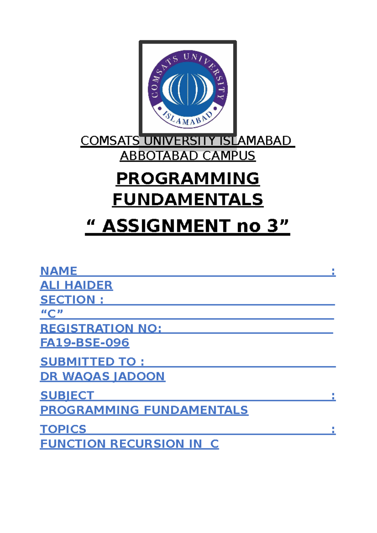 FA19-BSE -096 Theory Assignment 3 - COMSATS UNIVERSITY ISLAMABAD ABBOTABAD CAMPUS PROGRAMMING ...