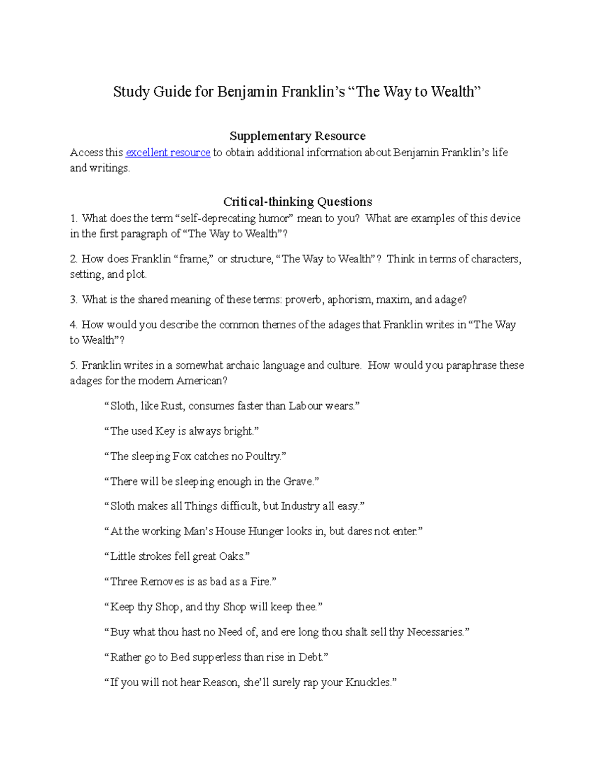 Study Guide for Benjamin Franklin's The Way to Wealth - Study Guide for ...