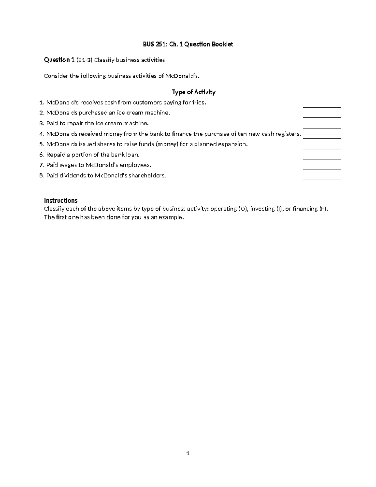 BUS 251 Ch 1 Question Booklet - BUS 251: Ch. 1 Question Booklet ...
