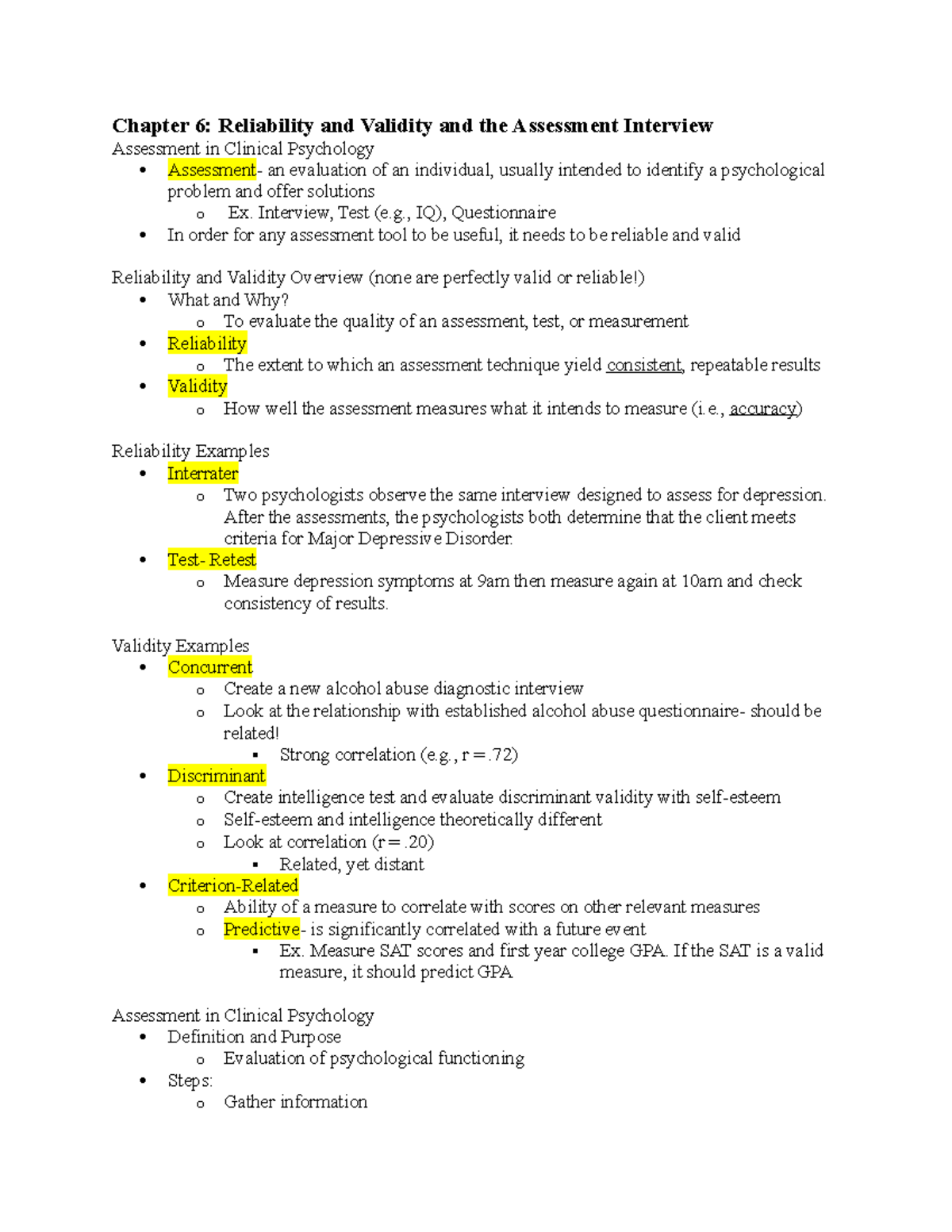 CLP3305- Reliability and Validity and the Assessment Interview ...