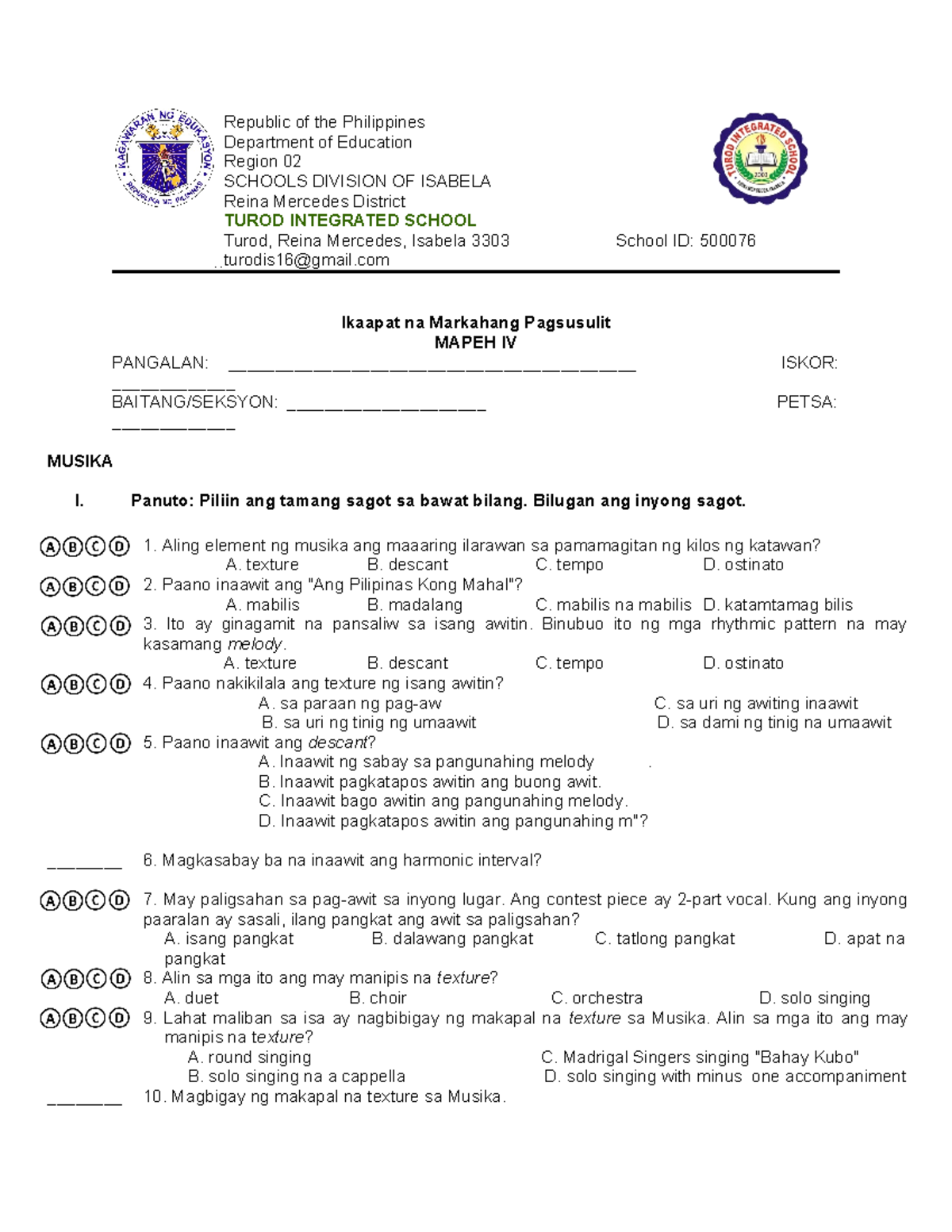 PT Mapeh 4 - Q4 V1 - Republic of the Philippines Department of ...