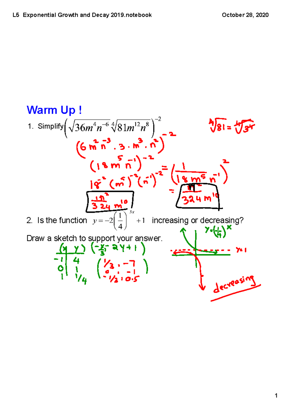 L5 Exponential Growth and Decay 2020 - Warm Up! 2. Is the function ...