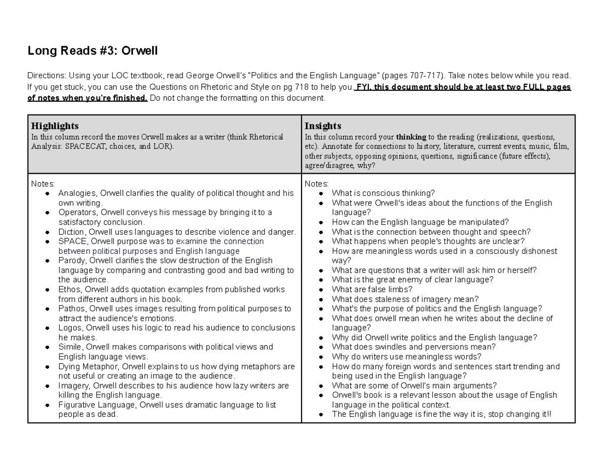 Long Read #3 Notes Orwell Pat EL - Long Reads #3: Orwell Directions ...