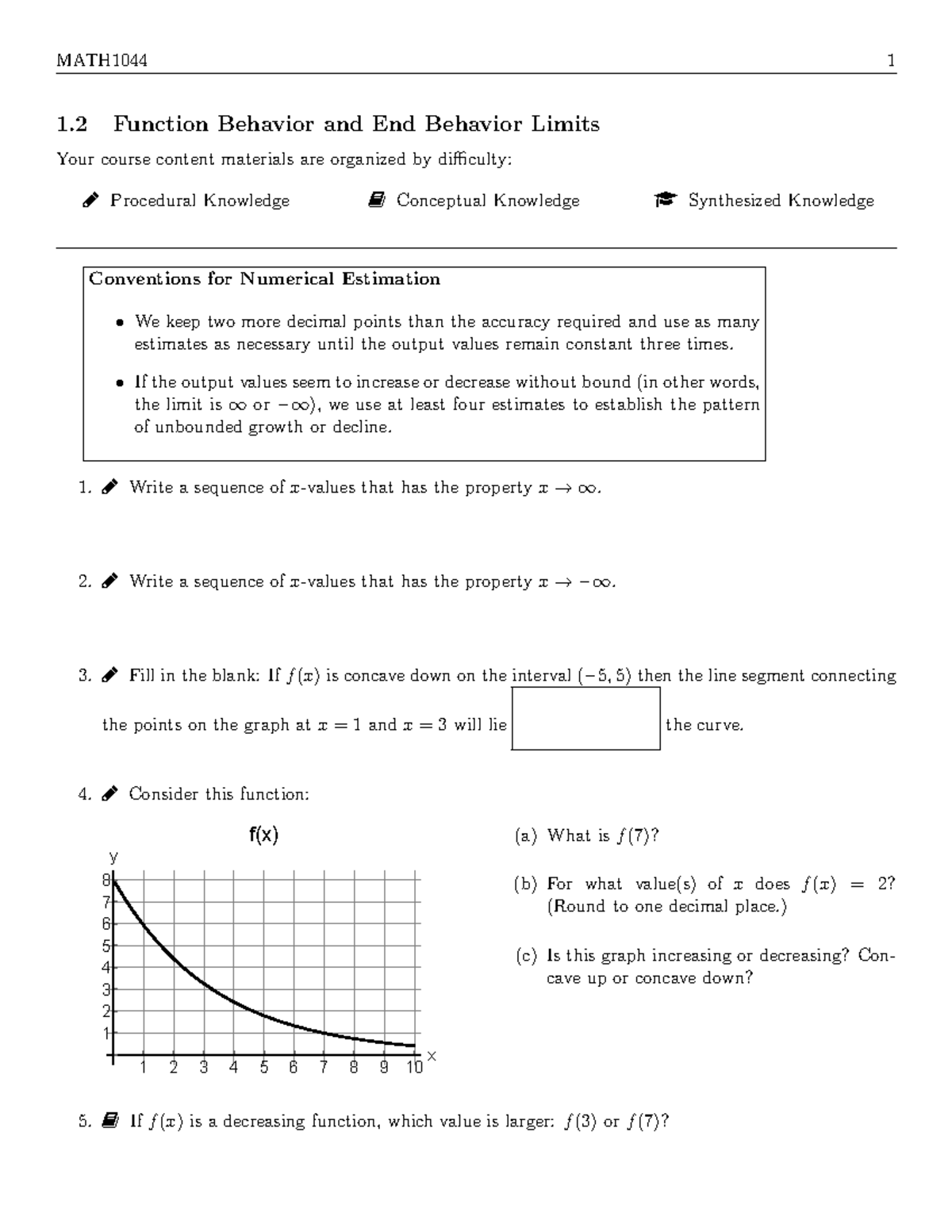 1.2222222 notes - MATH1044 1 1 Function Behavior and End Behavior ...