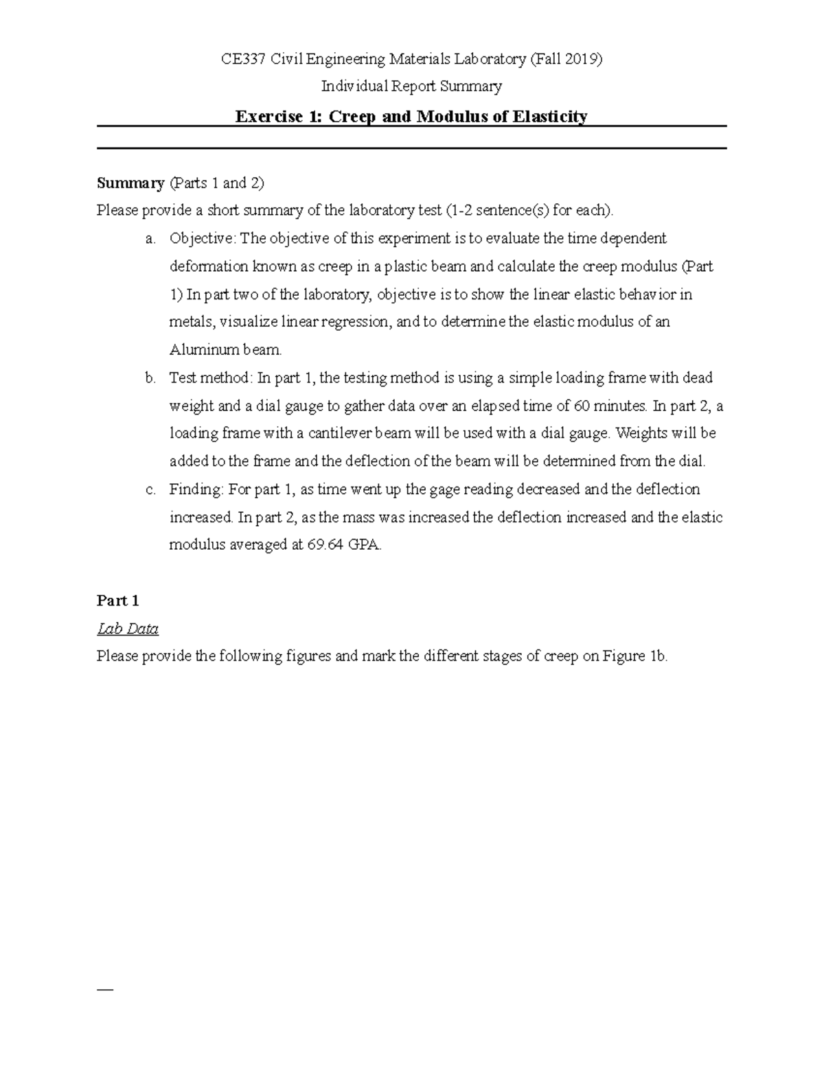 Lab 1 : Creep and Modulus of Elasticity - Individual Report Summary ...