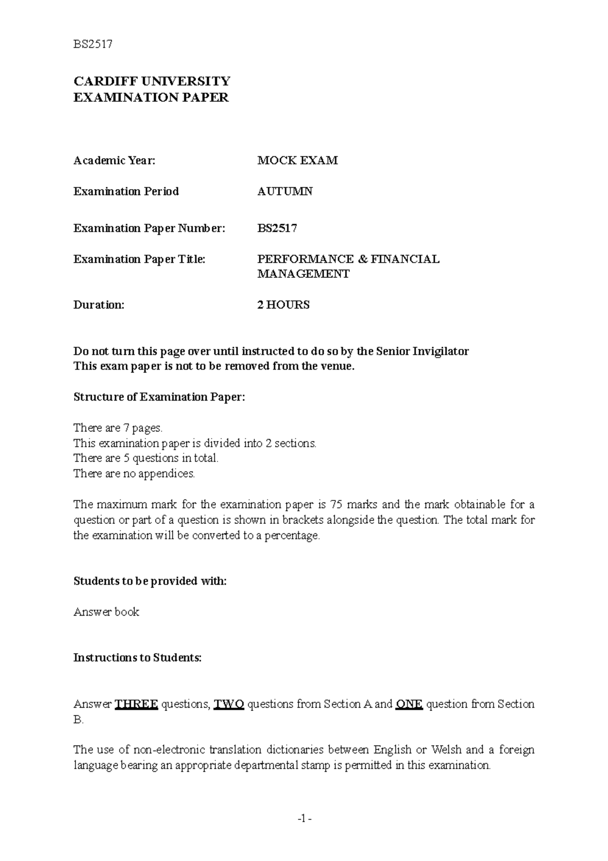 Exam Autumn 2018, questions - BS2517 CARDIFF UNIVERSITY EXAMINATION ...