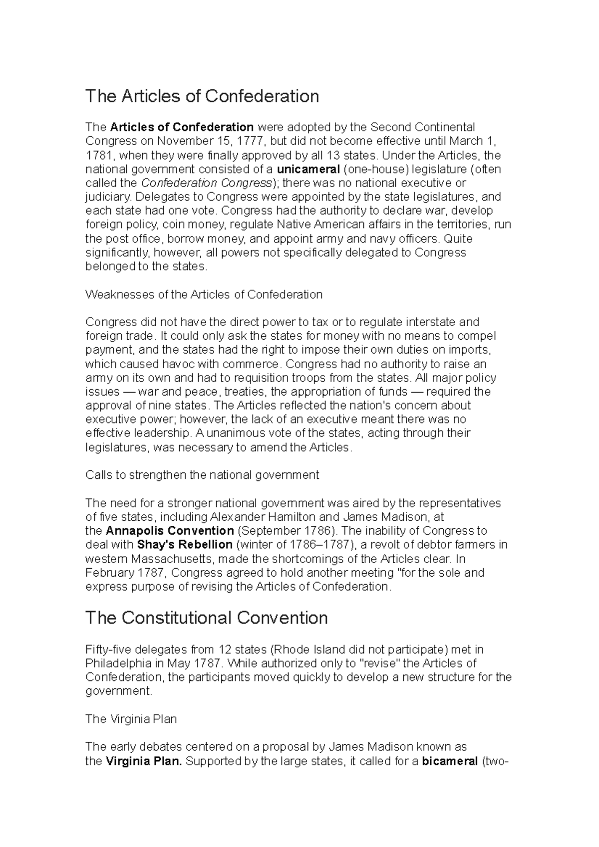 Overview of the Constitution of the USA - The Articles of Confederation ...
